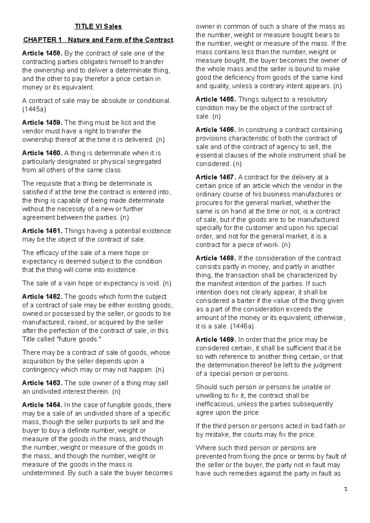 Codal-sales - ... - TITLE VI Sales CHAPTER 1 Nature and Form of the ...