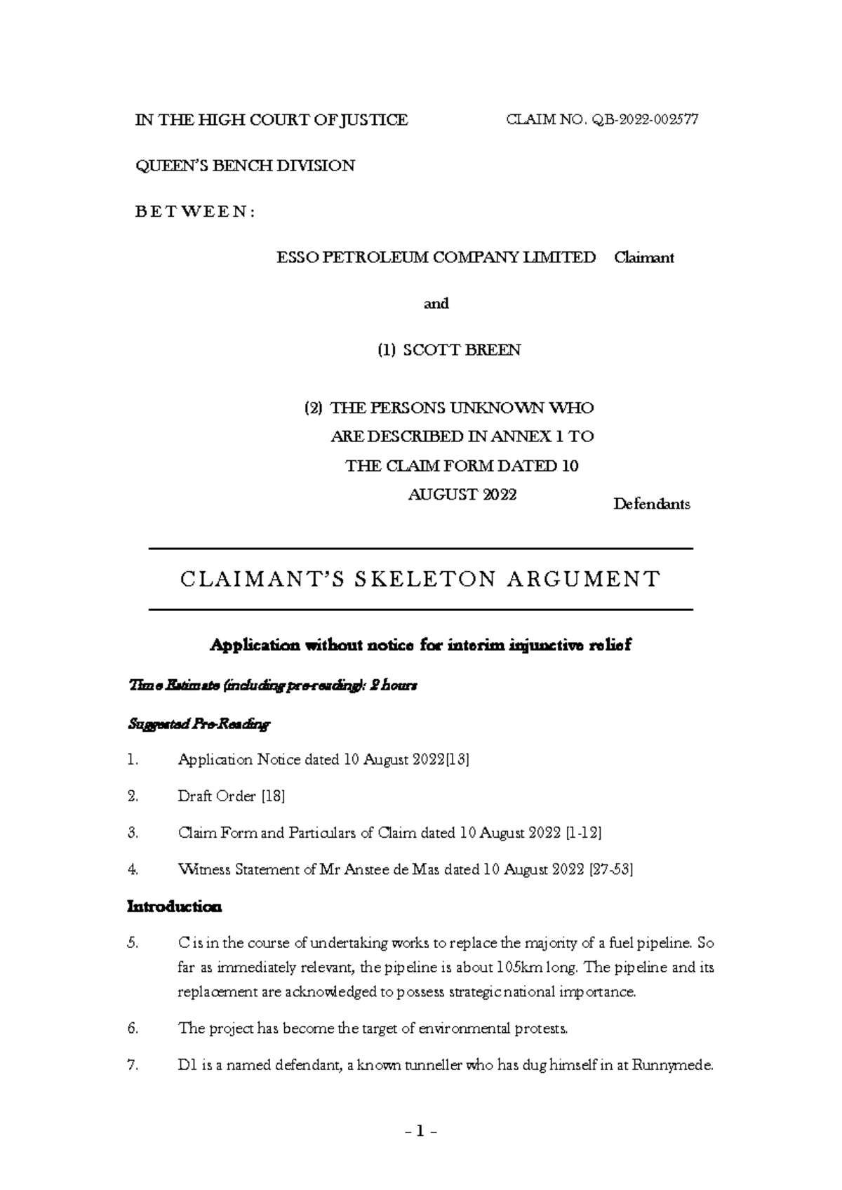 Claimants-Skeleton-Argument - IN THE HIGH COURT OF JUSTICE CLAIM NO. QB-2022- QUEEN’S BENCH ...