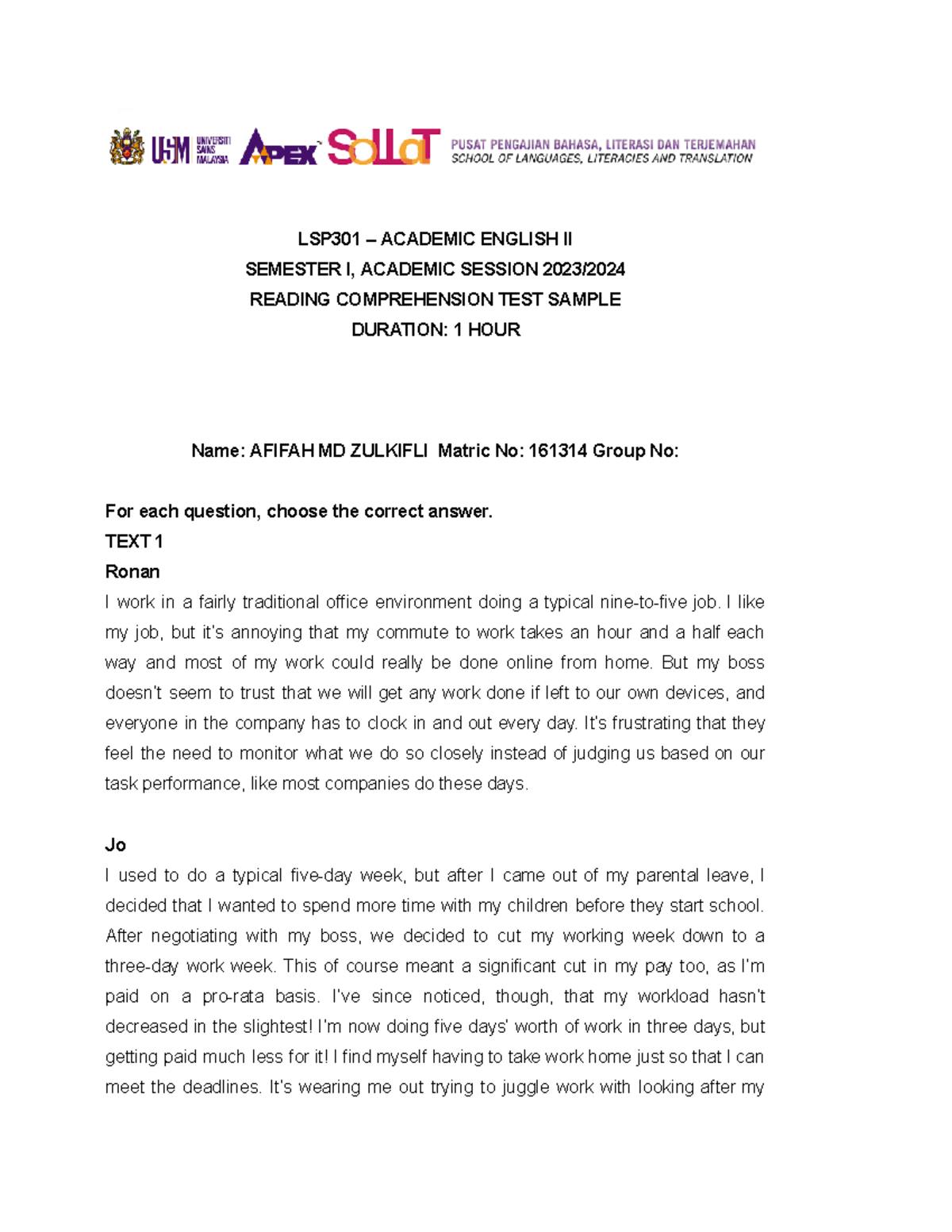 LSP301 Reading Assessment Sample - LSP301 – ACADEMIC ENGLISH II ...