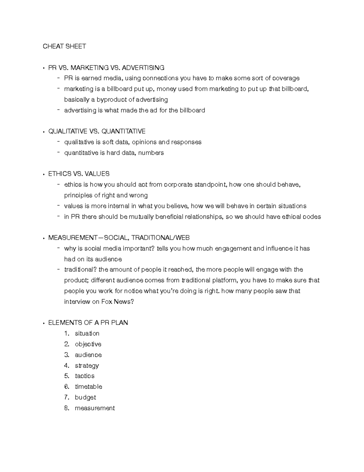 PR final cheat sheet - CHEAT SHEET • PR VS. MARKETING VS. ADVERTISING ...