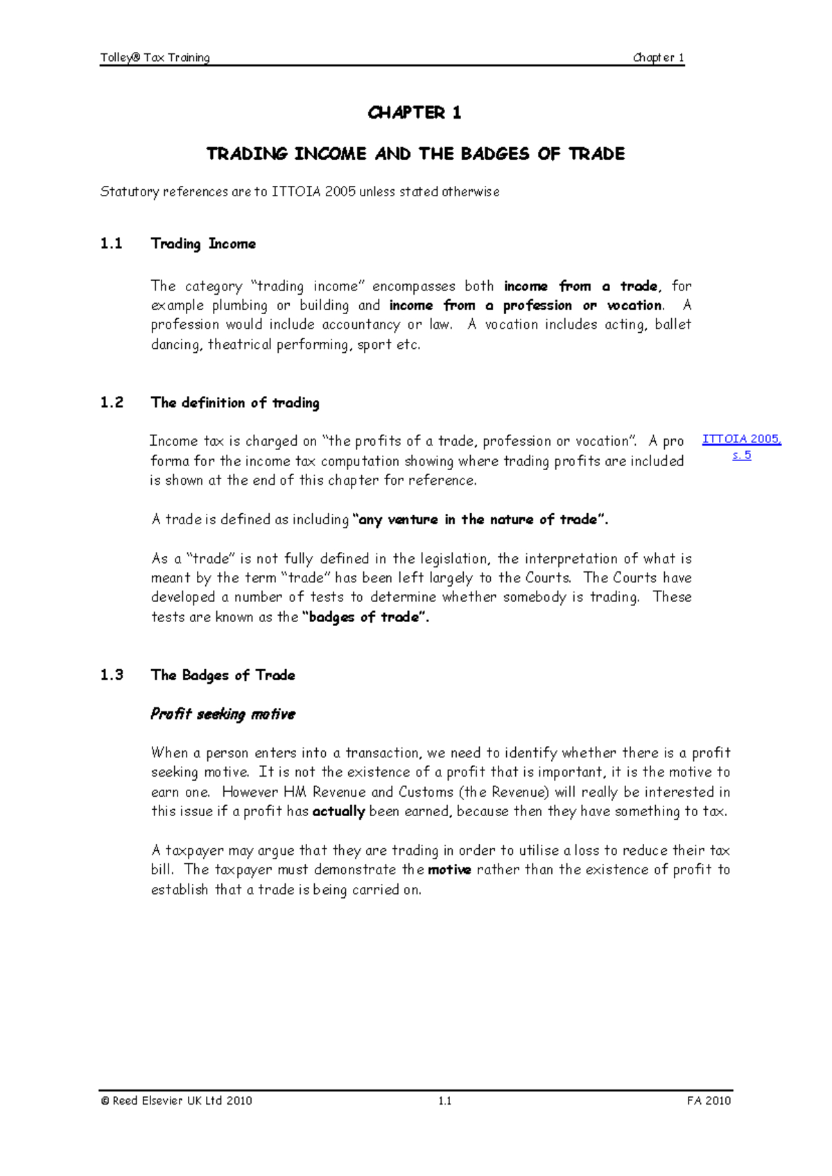 Badges of Trade 1 - class notes - CHAPTER 1 TRADING INCOME AND THE ...