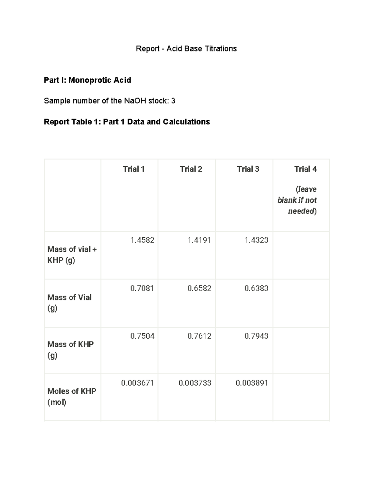 Acid Base Titrations Lab Report - Report - Acid Base Titrations Part I ...