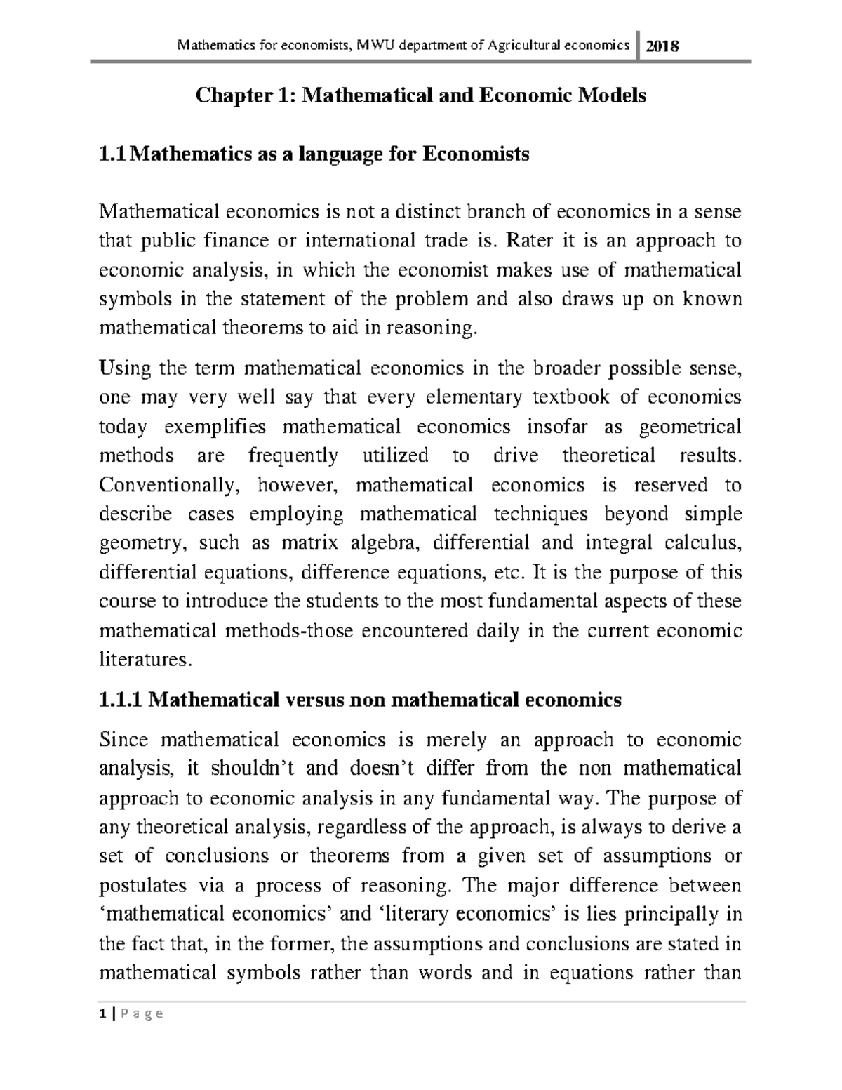 Chapter 1 Mathematical and Economic Models Mathematics for economists ...