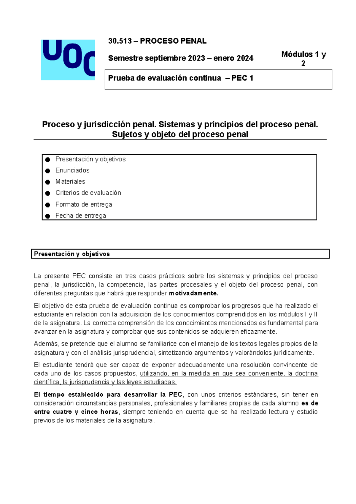 30 - modulos - 30 – PROCESO PENAL Semestre septiembre 2023 – enero 2024 Módulos 1 y 2 Prueba de ...
