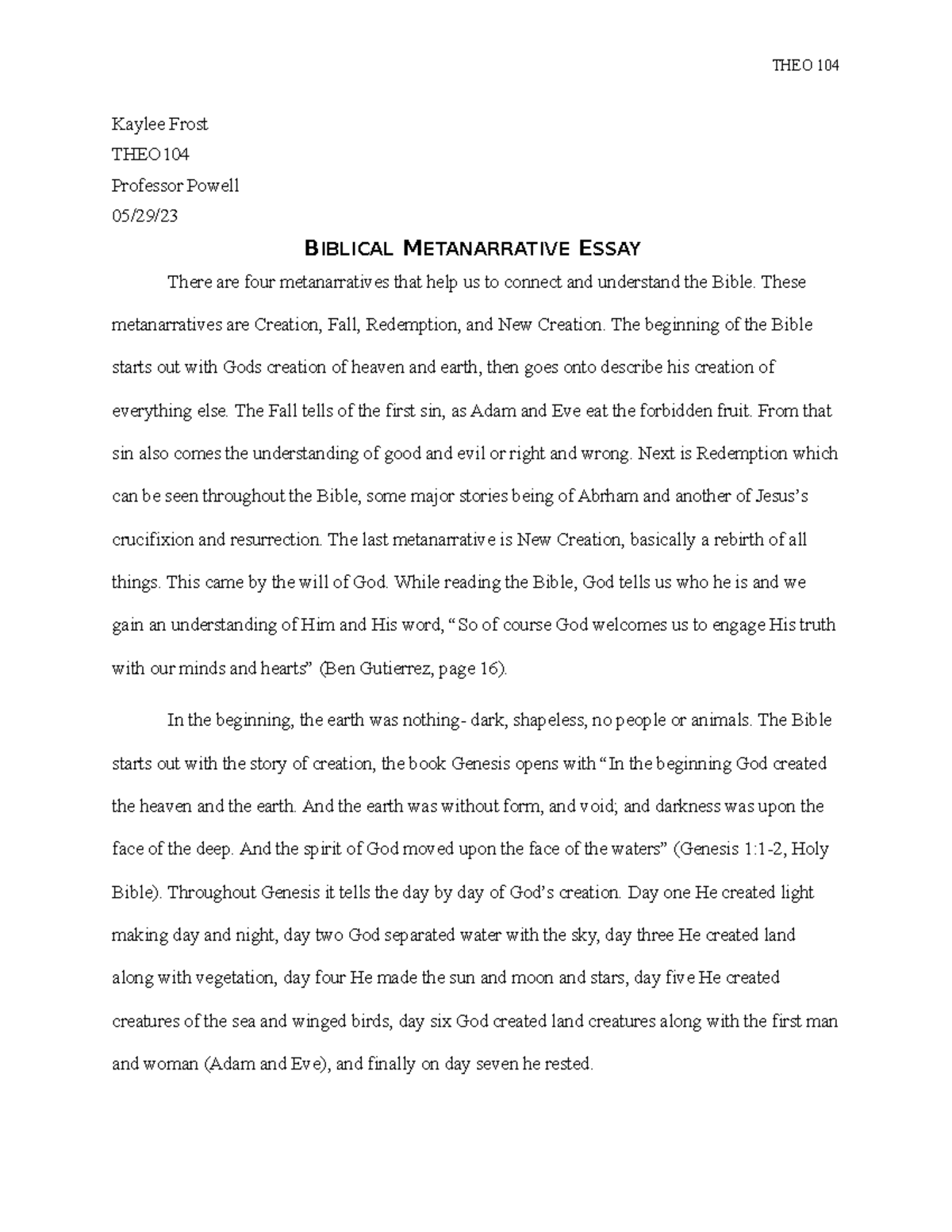 Theo104- week 2 module 2- Biblical Metanarrative Essay - Kaylee Frost ...