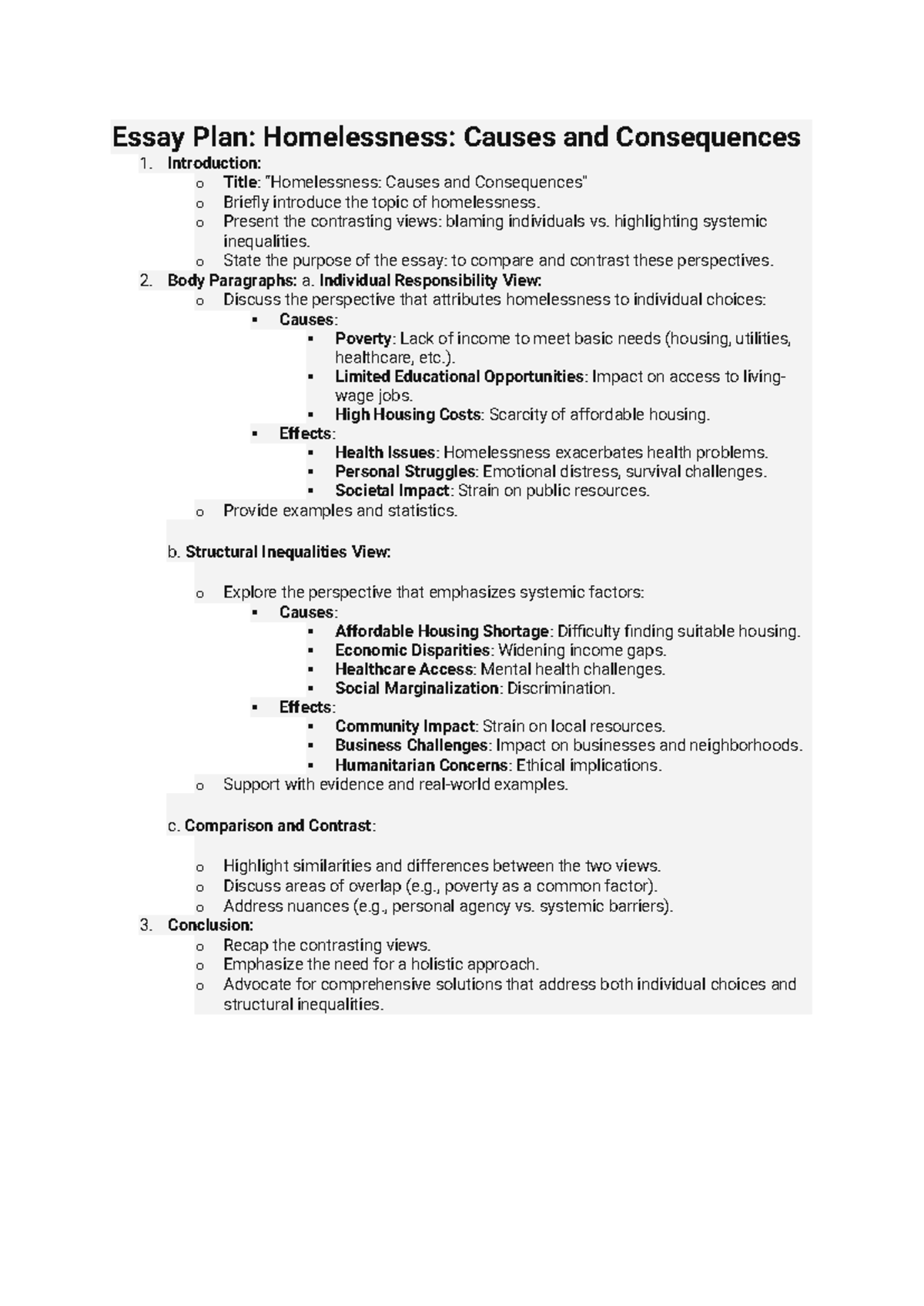 Essay Plan - Introduction: o Title: “Homelessness: Causes and ...