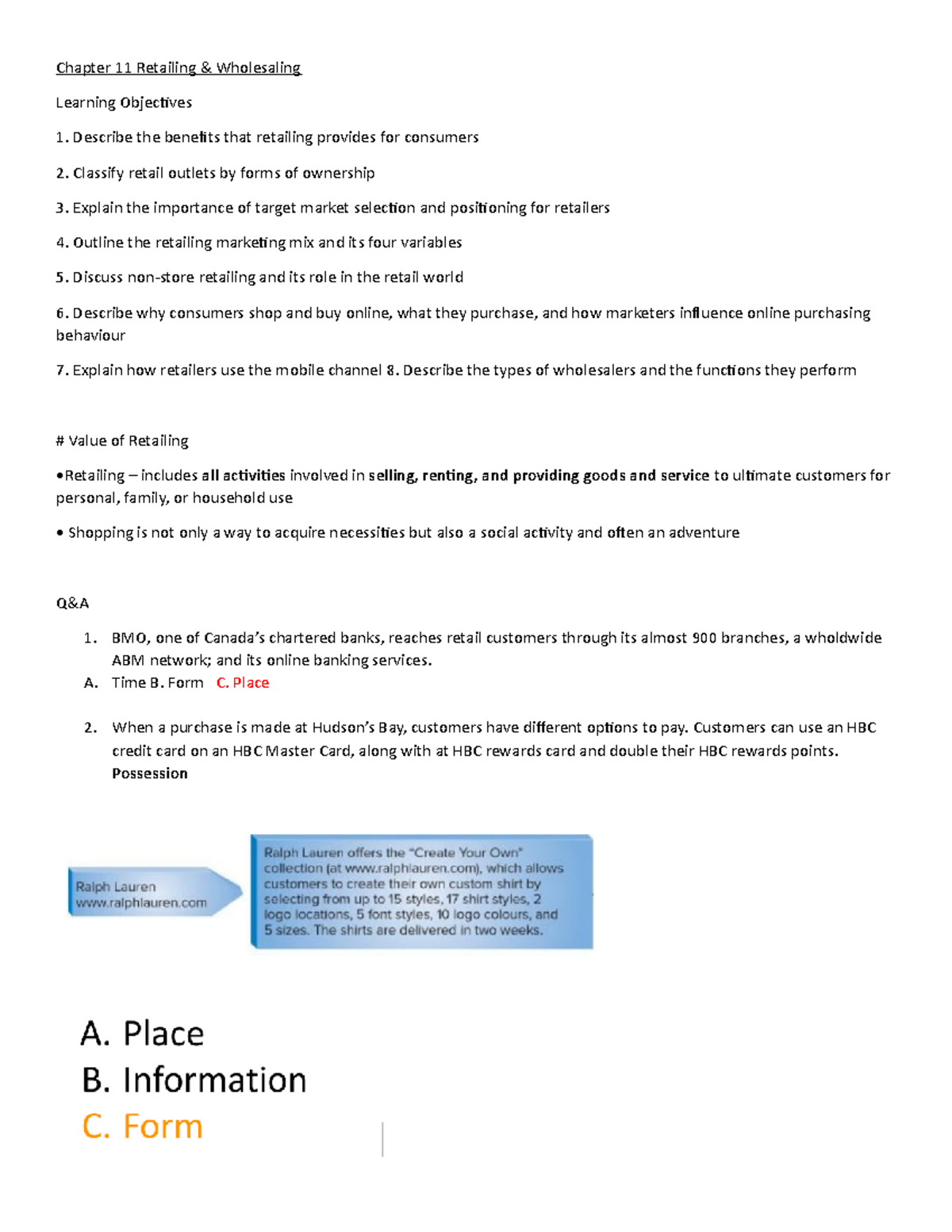 MKGT Chapter 11 Retailing & Wholesaling - MKTG 1102 - BCIT - Studocu