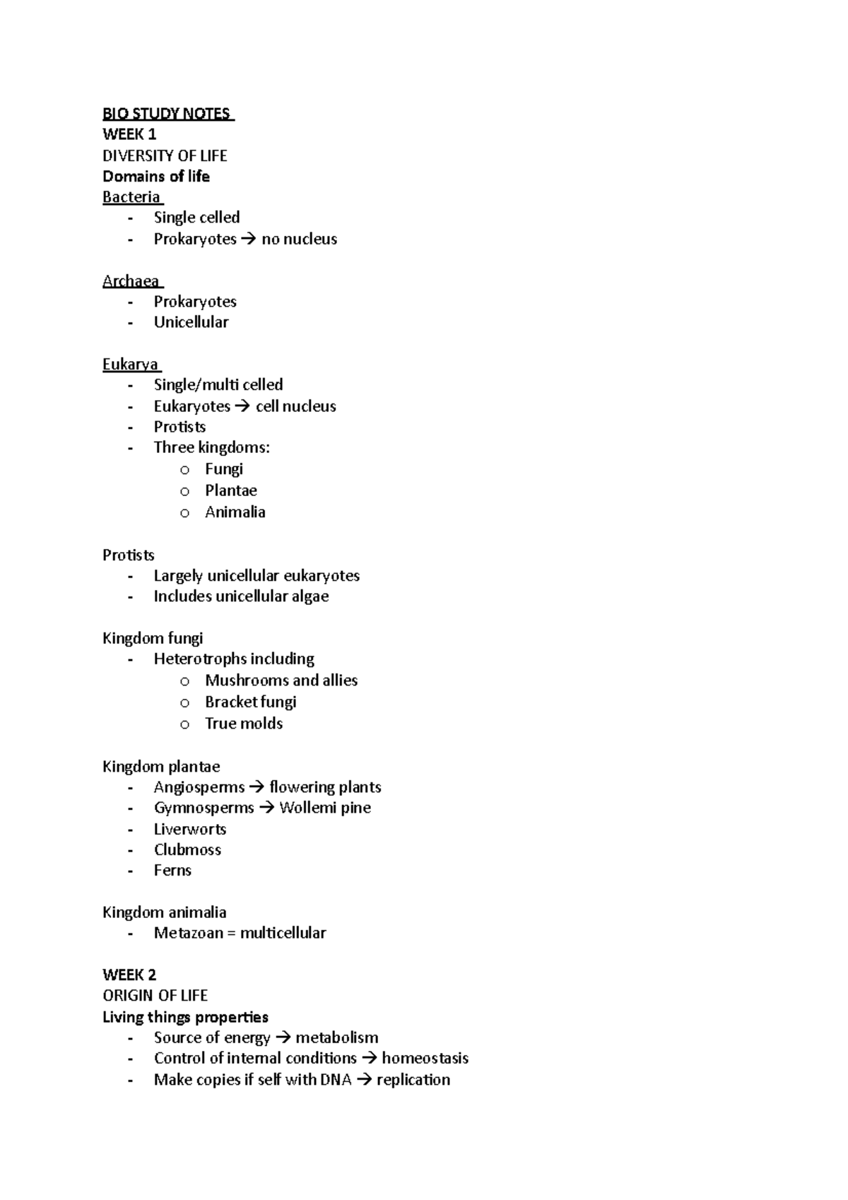 BIO Study Notes - BIO STUDY NOTES WEEK 1 DIVERSITY OF LIFE Domains of ...