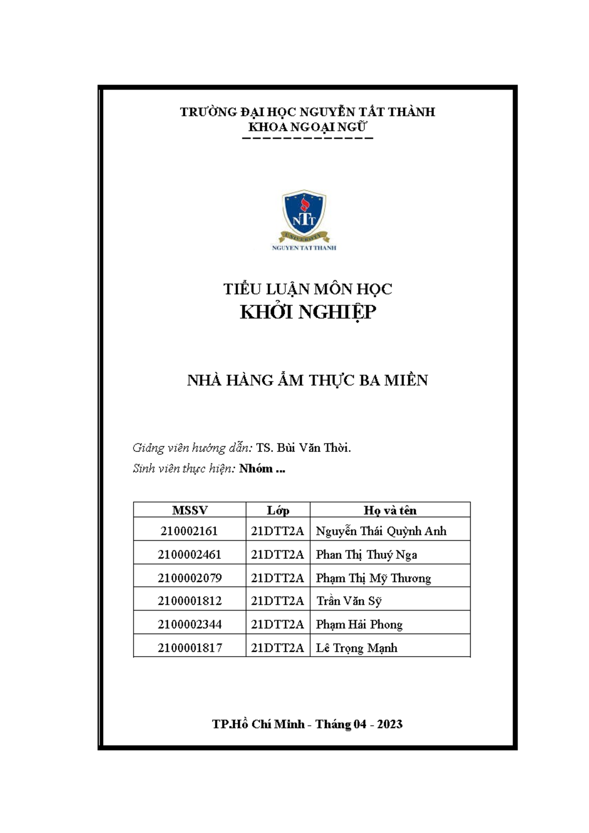 NTTU 21DTT2A Khởi nghiệp 2 - TRƯỜNG ĐẠI HỌC NGUYỄN TẤT THÀNH KHOA NGOẠI ...