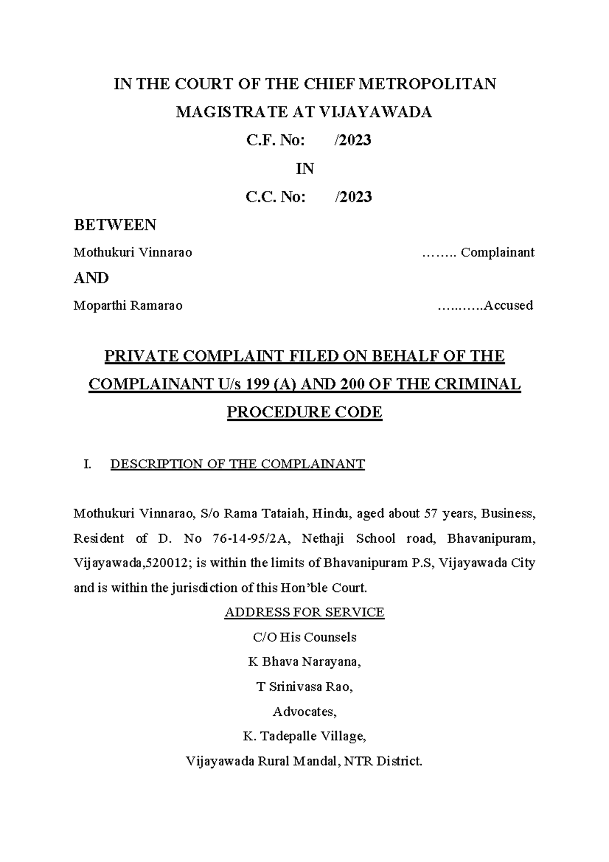 Private Complaint pdf - Assignments - IN THE COURT OF THE CHIEF ...