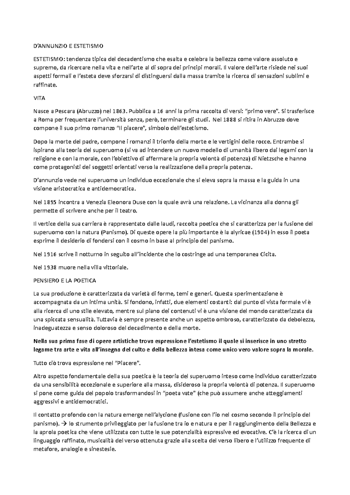 D'annunzio riassunto - appunti - D’ANNUNZIO E ESTETISMO ESTETISMO ...