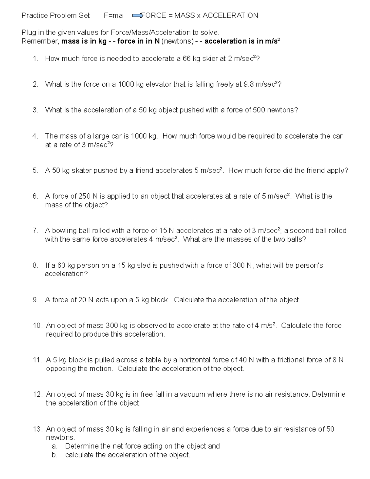 Extra force review with key - google docs - Practice Problem Set F=ma ...