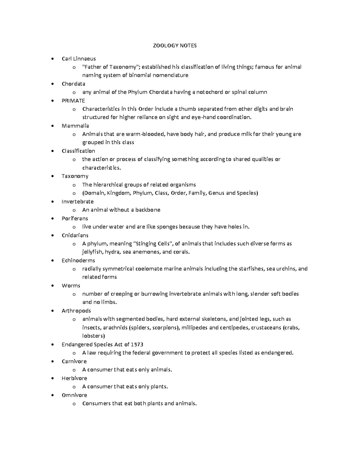 Zoology NOTE 3 - notes - ZOOLOGY NOTES Carl Linnaeus o "Father of ...