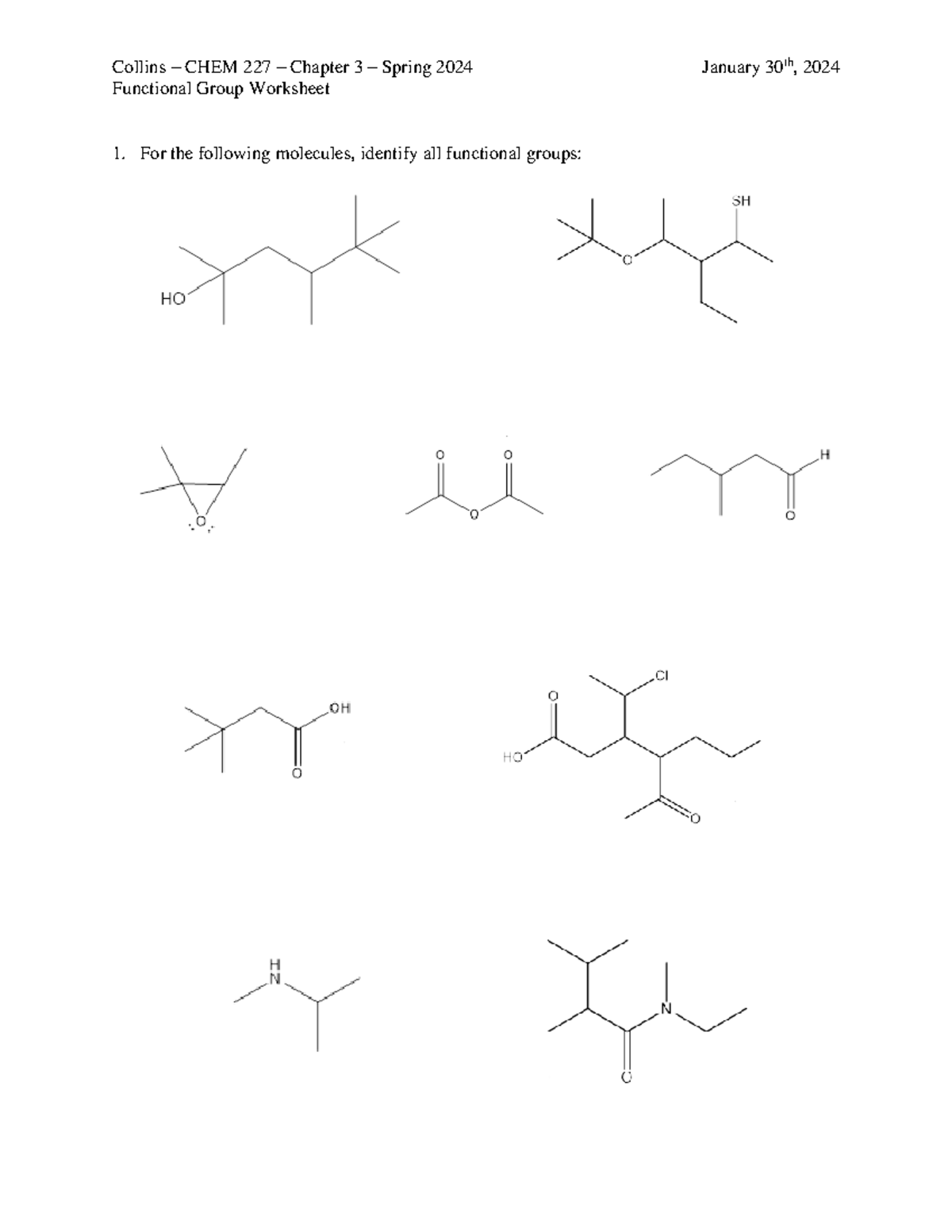 Functional Group Worksheet - CHEM 227 - Collins – CHEM 227 – Chapter 3 ...