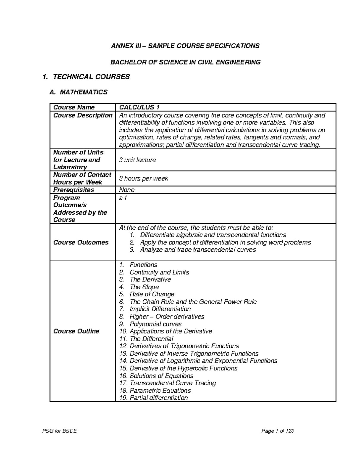 Annex III BSCE Course Specifications OCT - ANNEX III – SAMPLE COURSE SPECIFICATIONS BACHELOR OF ...