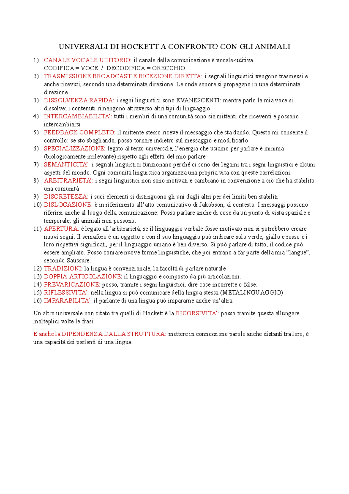 Universali di hockett - UNIVERSALI DI HOCKETT A CONFRONTO CON GLI ...