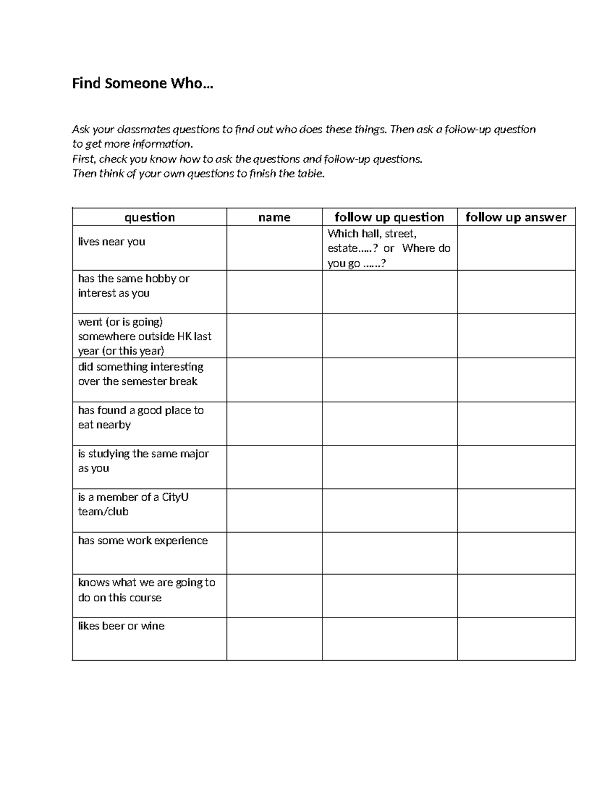 Week+1+Get+to+know+your+classmates+%28Find+Someone+Who%29 - Find ...