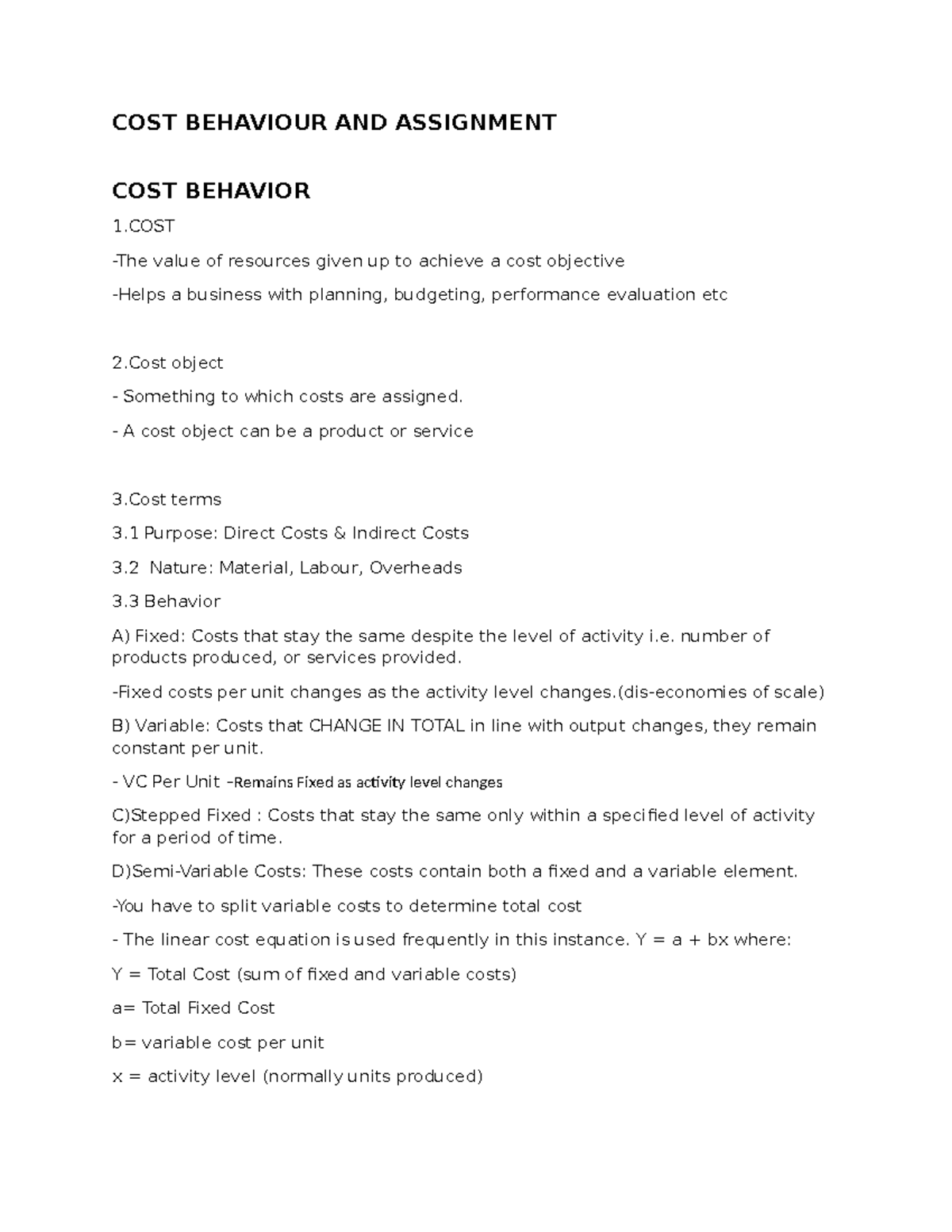 COST Behaviour AND Assignment - COST BEHAVIOUR AND ASSIGNMENT COST ...