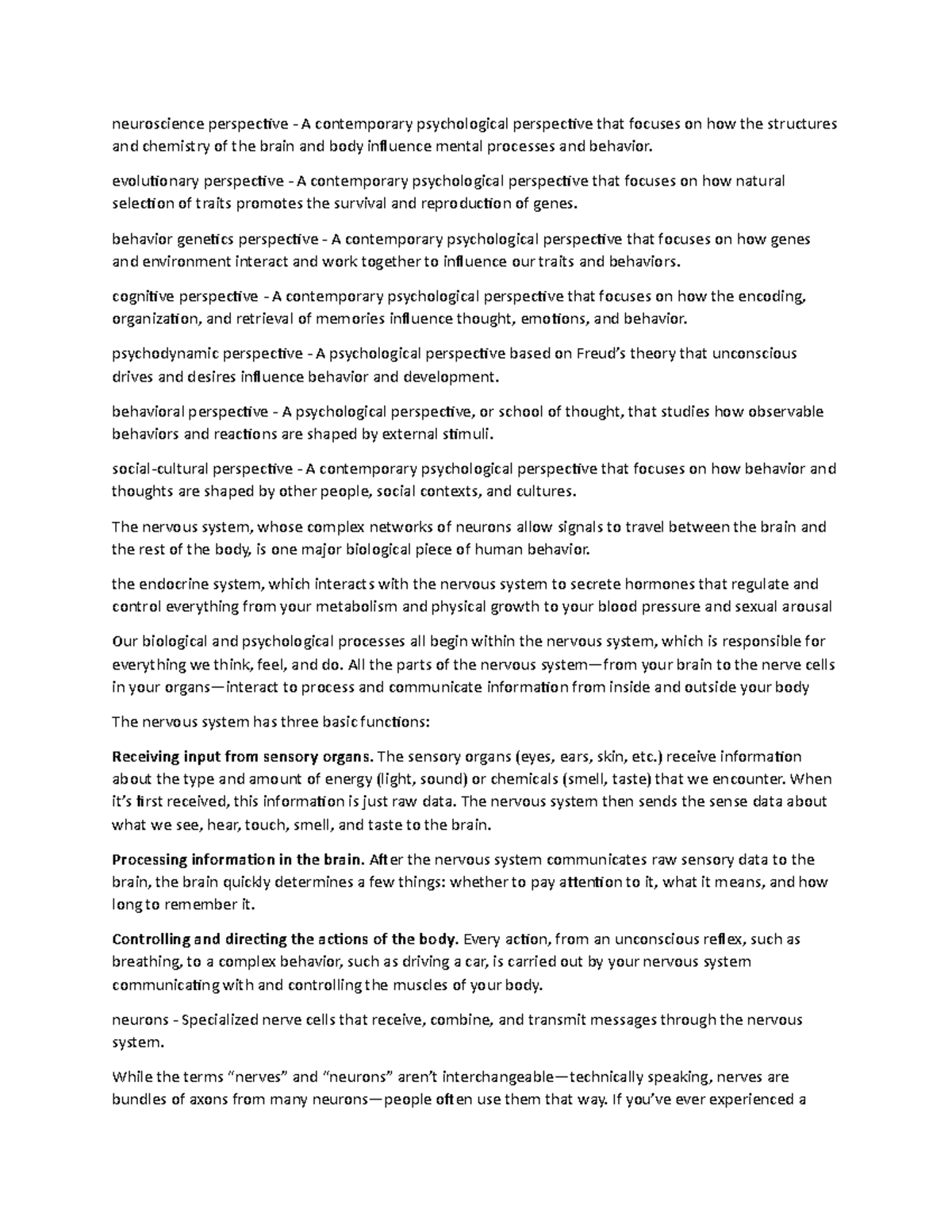 PSY-108 module 2 notes - neuroscience perspective - A contemporary ...