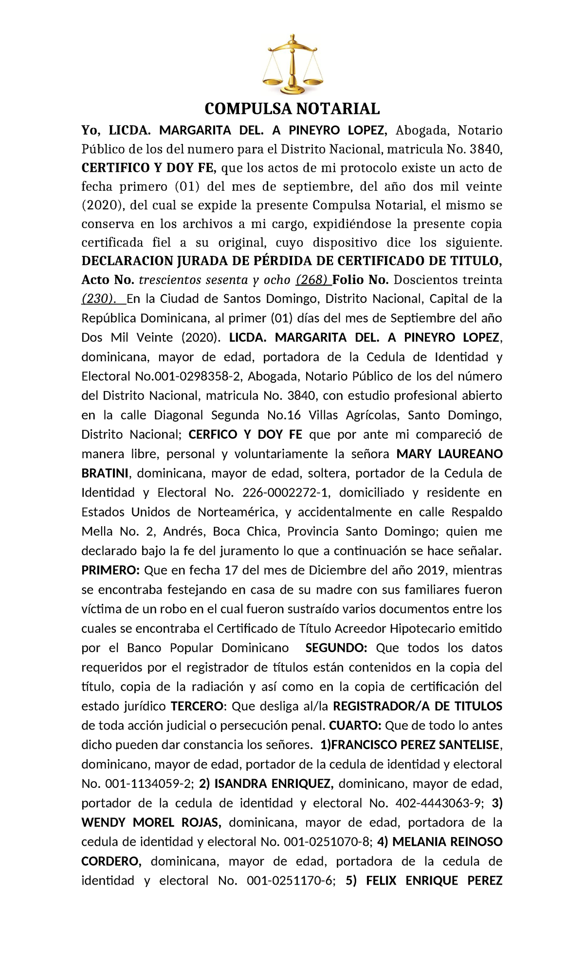 Declaracion Jurada - COMPULSA NOTARIAL Yo, LICDA. MARGARITA DEL. A ...