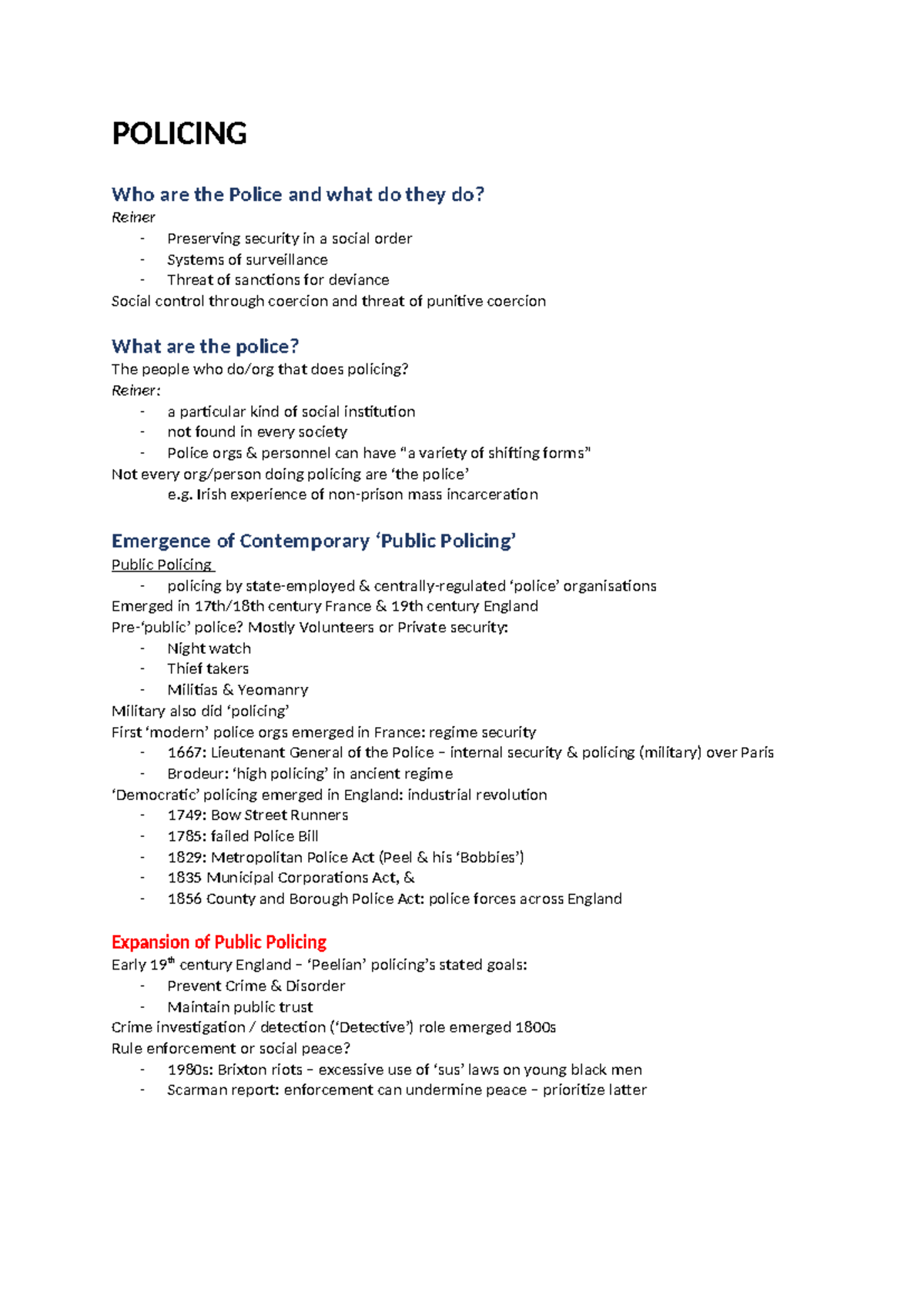 6 Policing - Notes - POLICING Who are the Police and what do they do ...