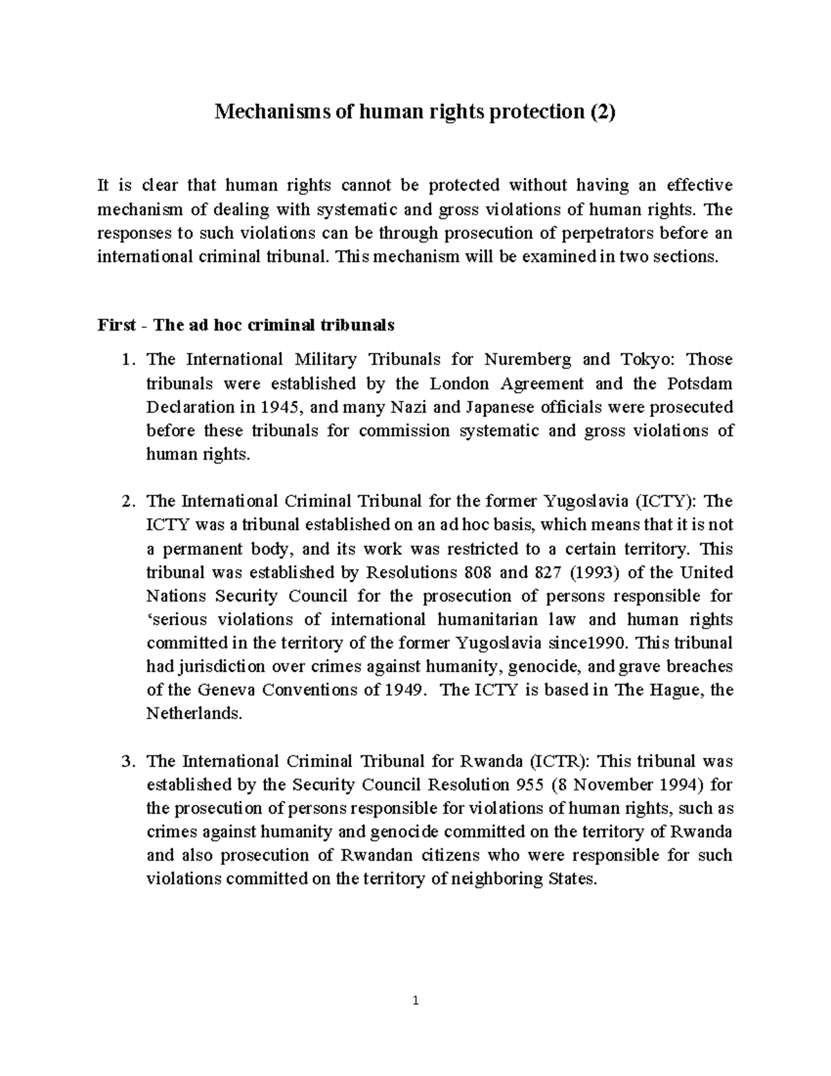 Lecture 11- Mechanisms of human rights Protection 2 - 1 Mechanisms of ...