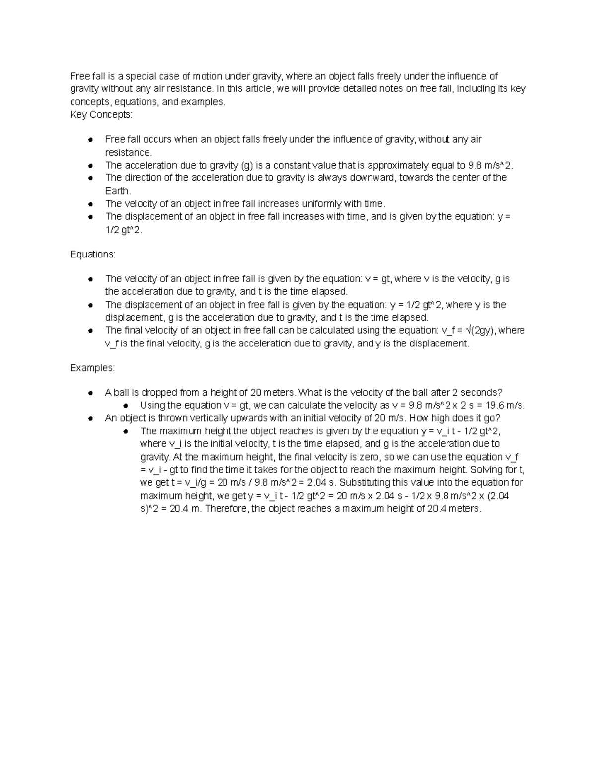Free fall notes - Free fall is a special case of motion under gravity ...