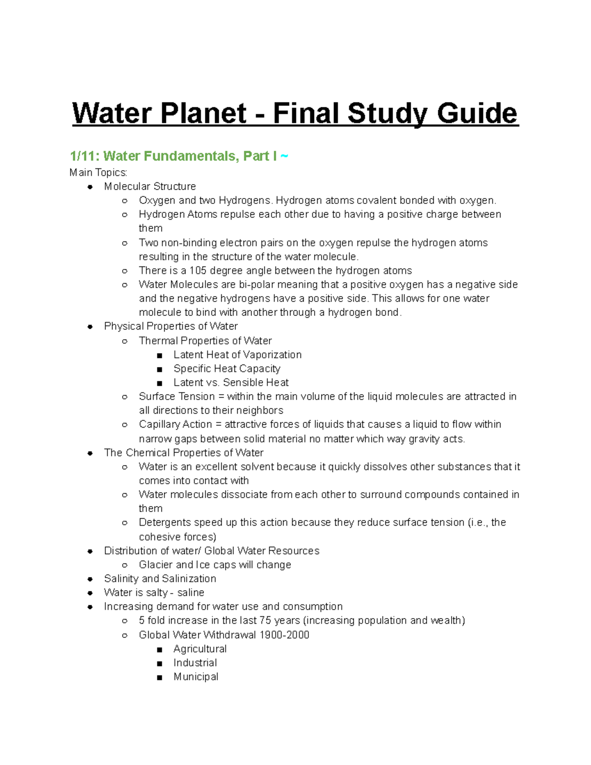 Water Planet study guide - Water Planet - Final Study Guide 1/11: Water ...