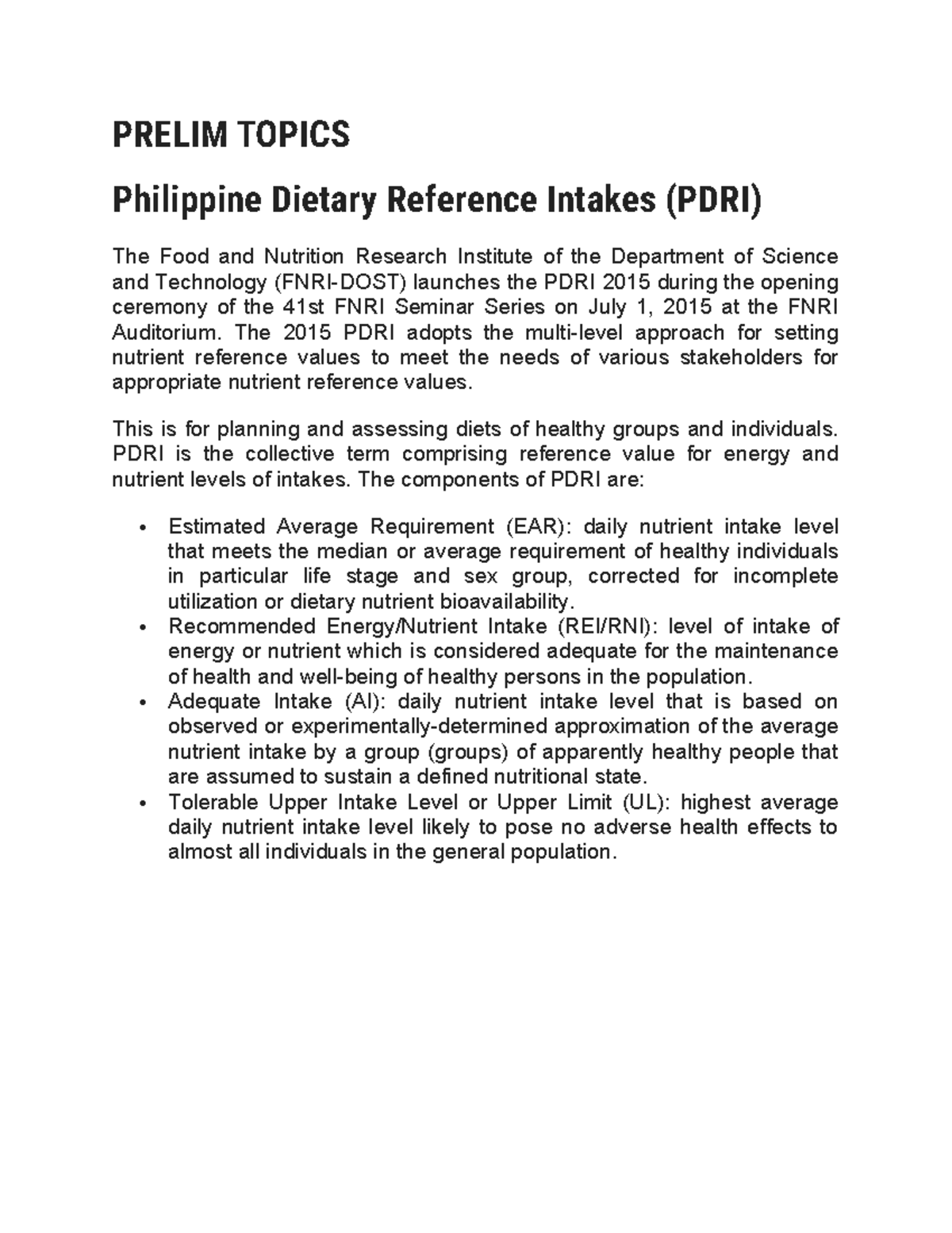Prelim- Topics-NUT - PRELIM TOPICS Philippine Dietary Reference Intakes ...