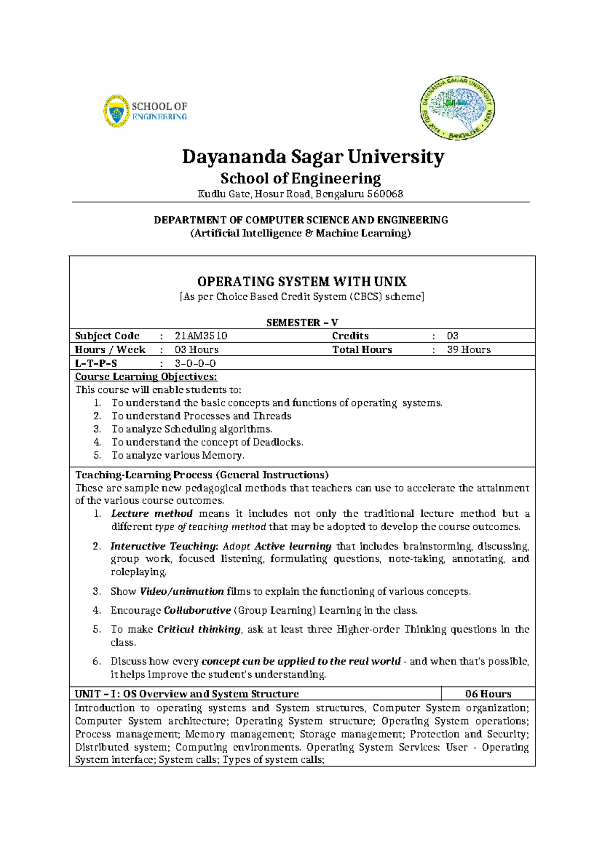 OS WITH UNIX Syllabus - s njhs jklajl - Dayananda Sagar University ...