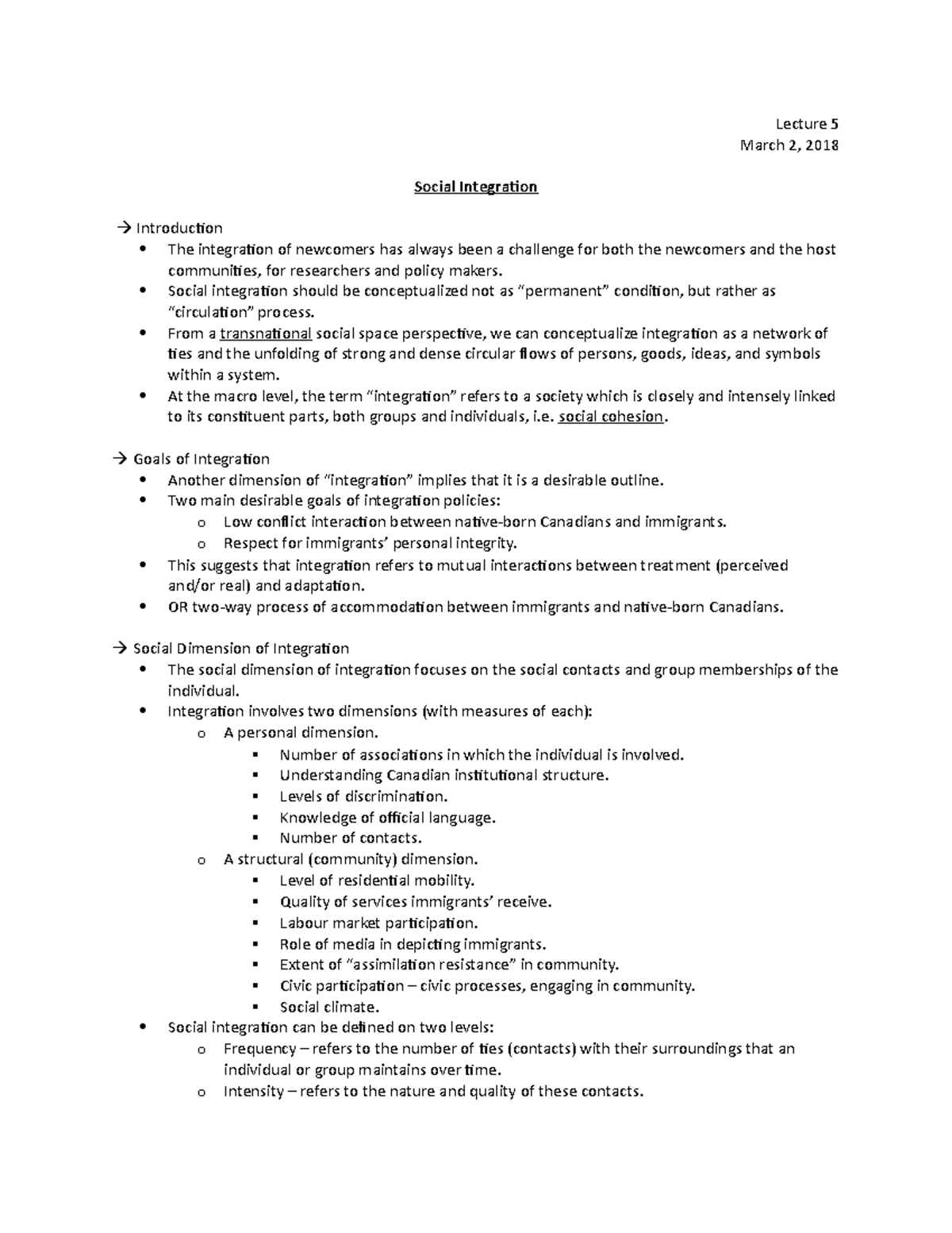 Lecture 5 - Social Integration - Lecture 5 March 2, 2018 Social ...