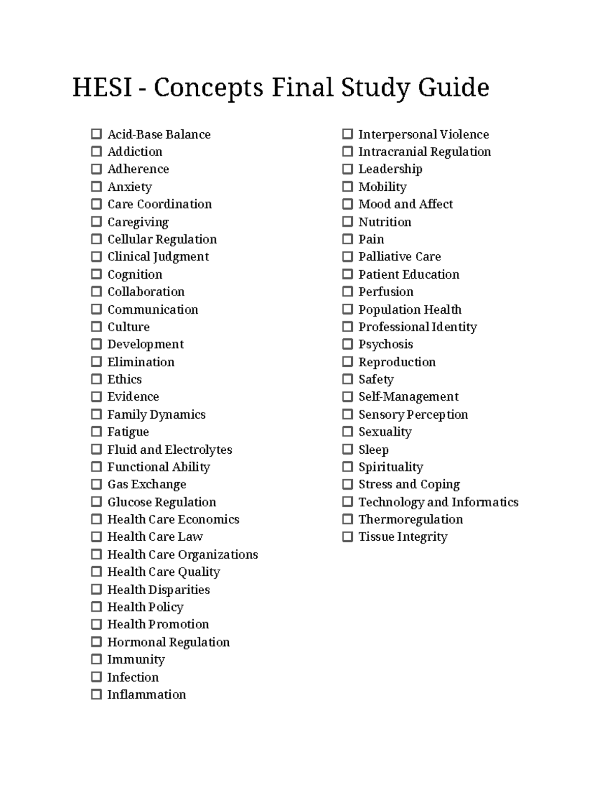 HESI - Concepts Final Study Guide Checklist - HESI - Concepts Final ...