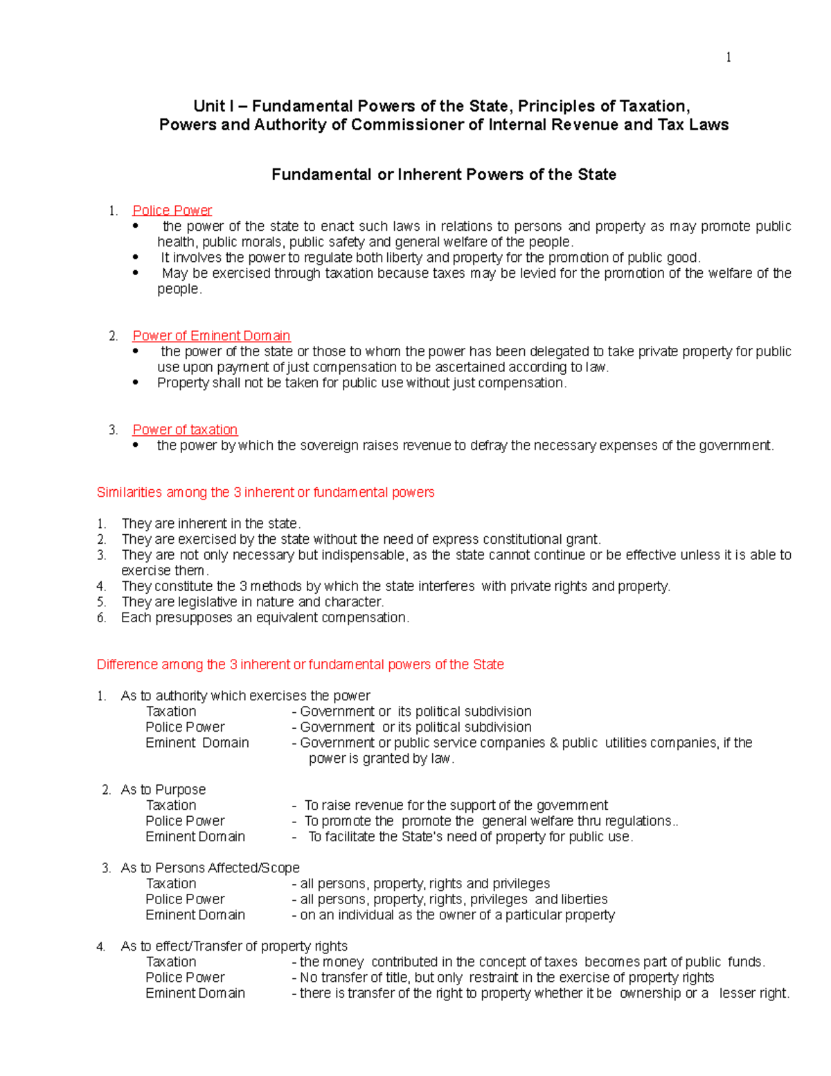 Unit I – Fundamental Powers of the State, Principles of Taxation ...
