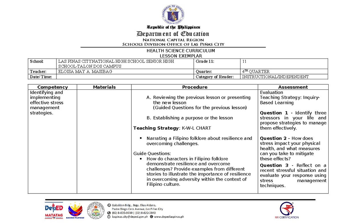 Lesson Exemplar - HEALTH SCIENCE CURRICULUM LESSON EXEMPLAR School: LAS ...