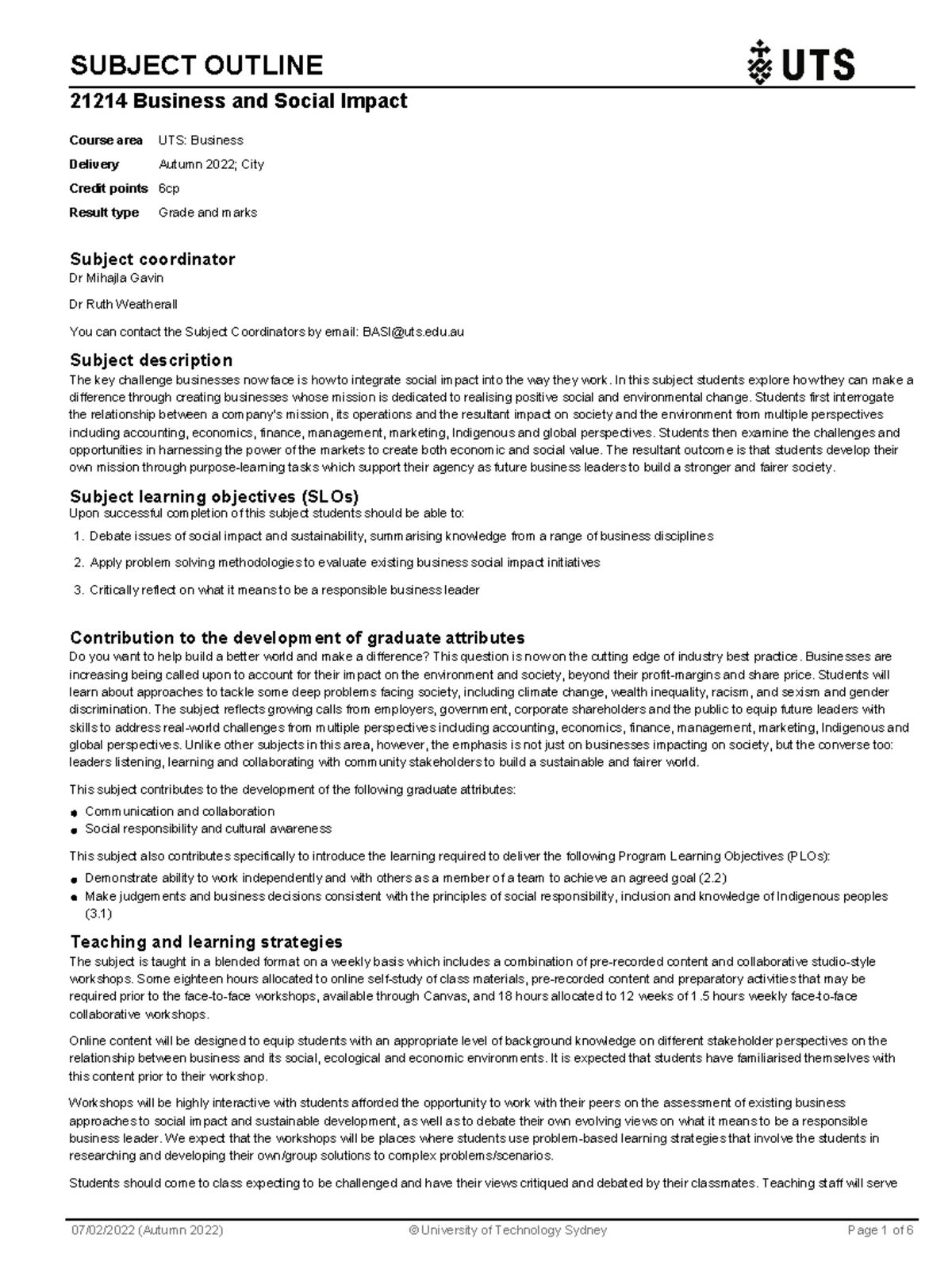 21214 - oUTLINE - SUBJECT OUTLINE 21214 Business and Social Impact ...