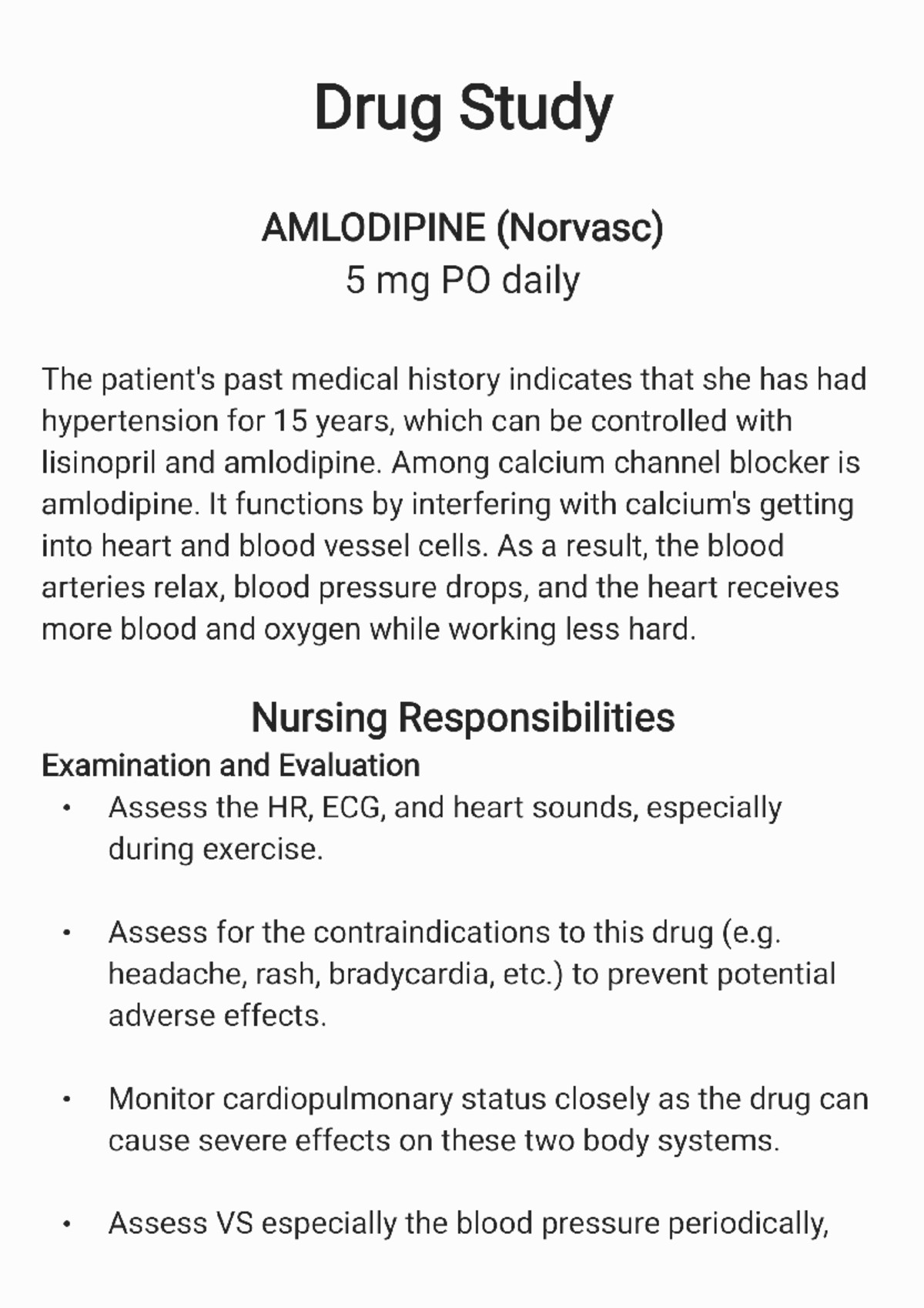 DRUG STUDY for GRAND CASE - Drug Study AMLODIPINE (Norvasc) 5 mg PO ...