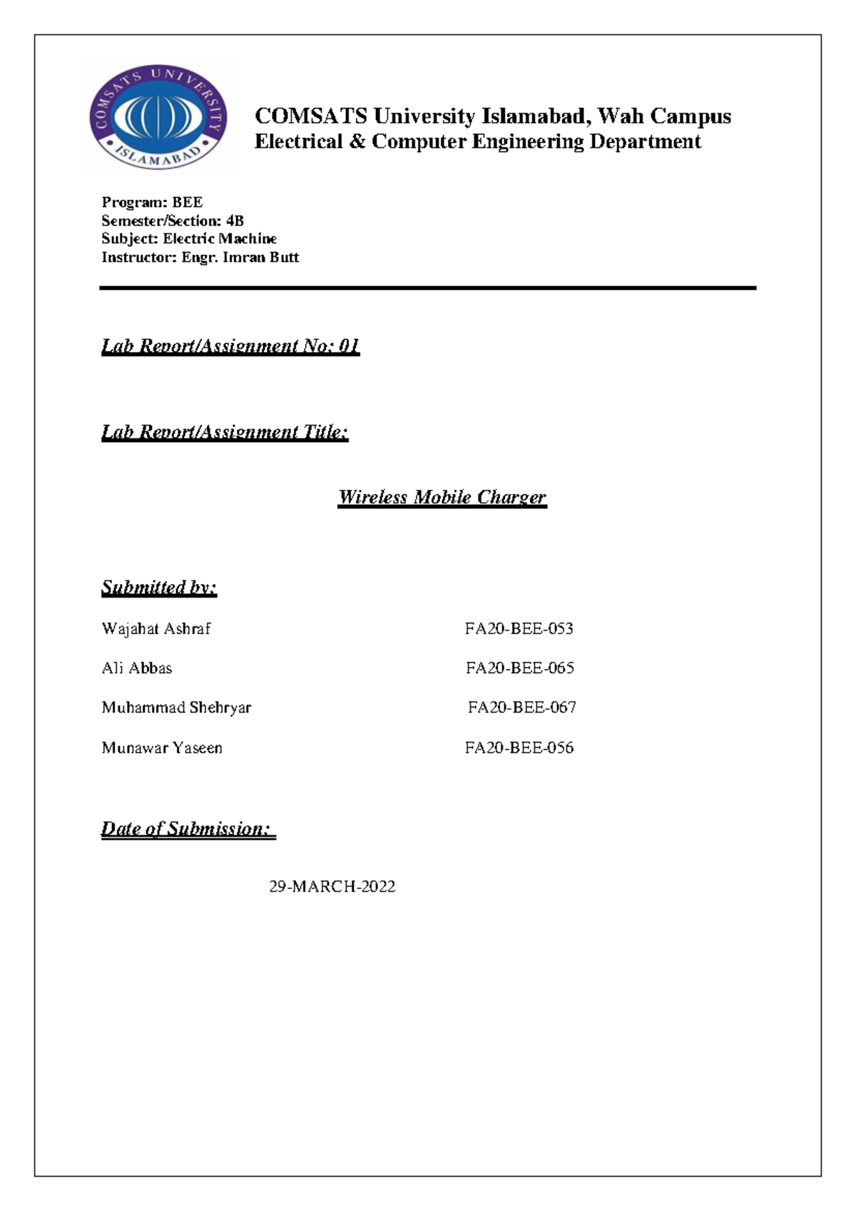 Machine Project(lab Report 1) - COMSATS University Islamabad, Wah ...