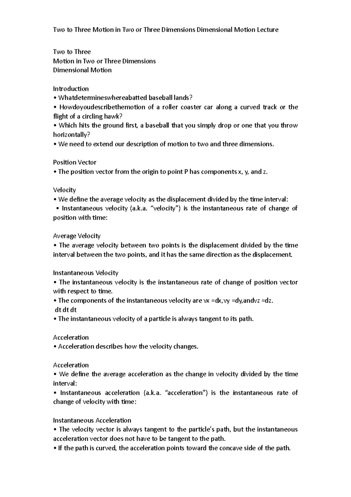 Two to Three Motion in Two or Three Dimensions Dimensional Motion Lecture - Position Vector The ...
