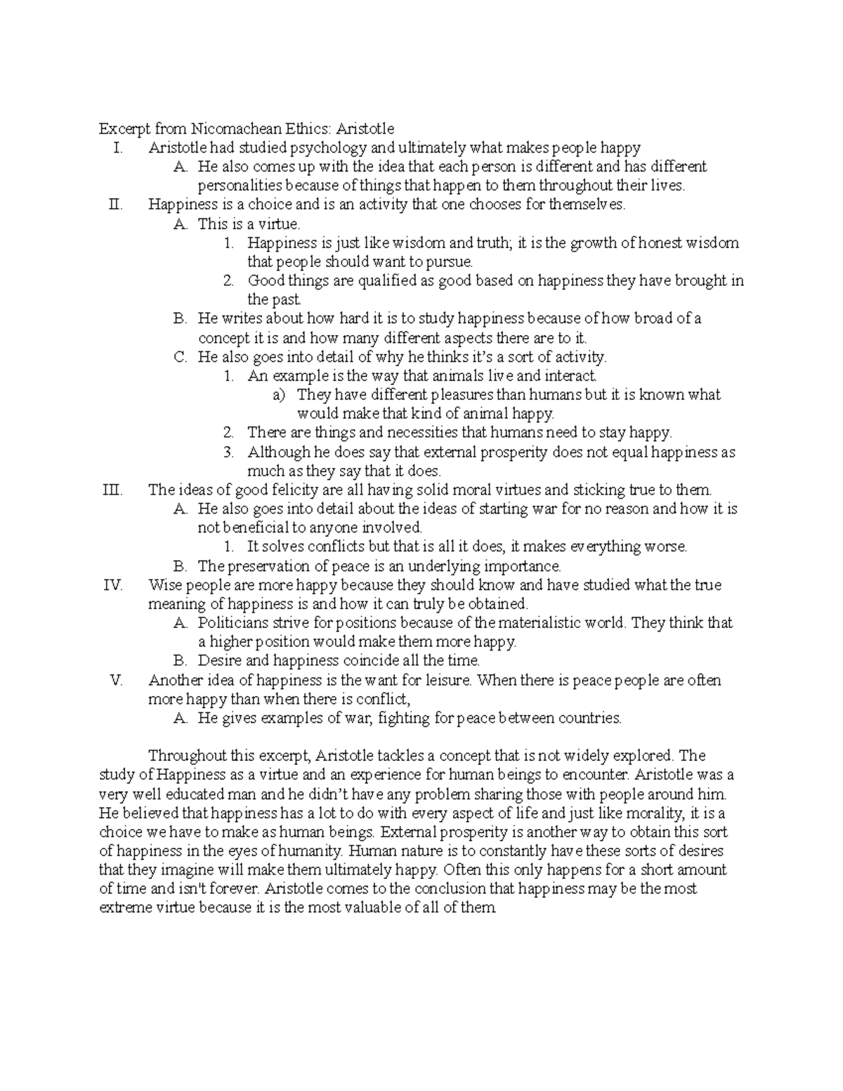 Aristotle Outline - Excerpt from Nicomachean Ethics: Aristotle I ...