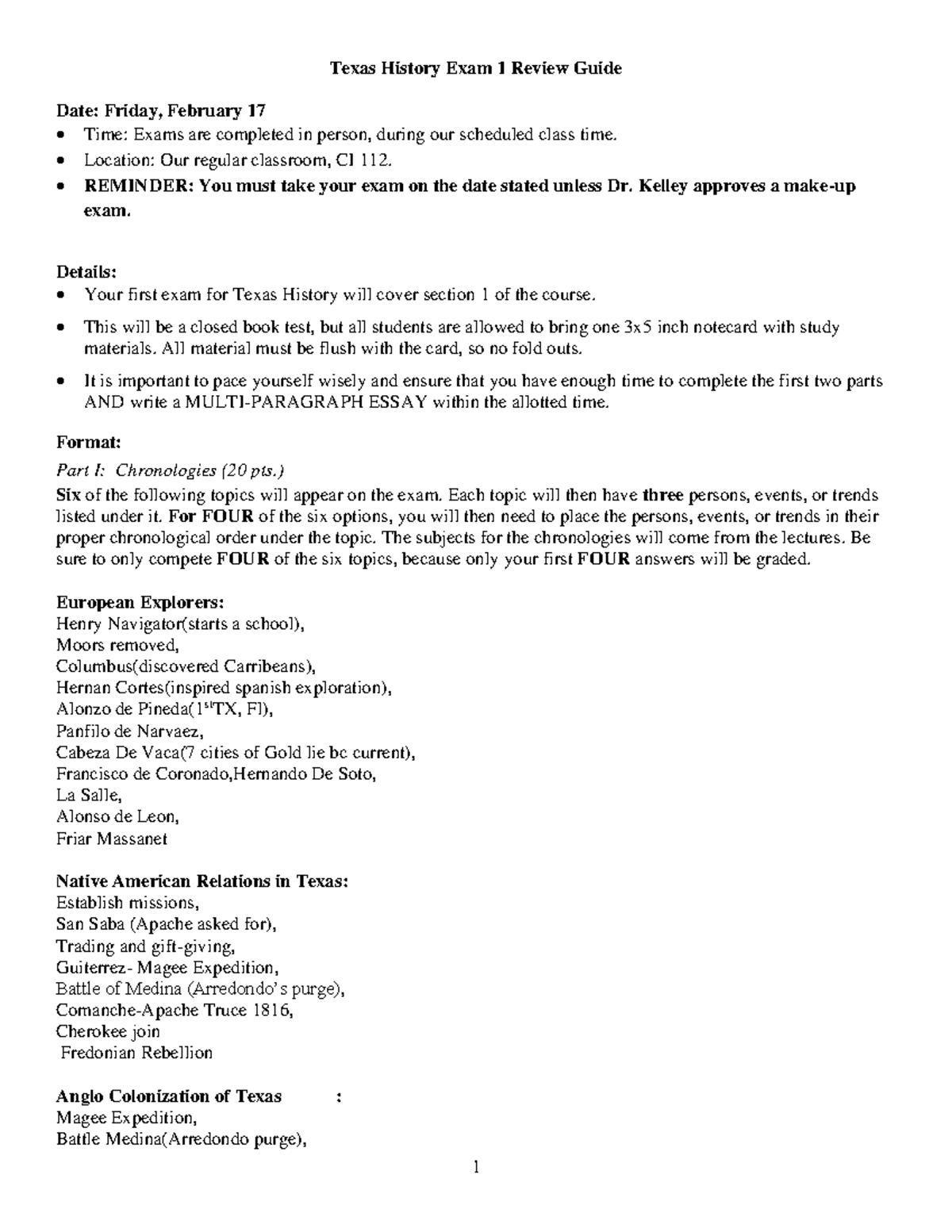 Exam 1 Review- TX History - Texas History Exam 1 Review Guide Date ...