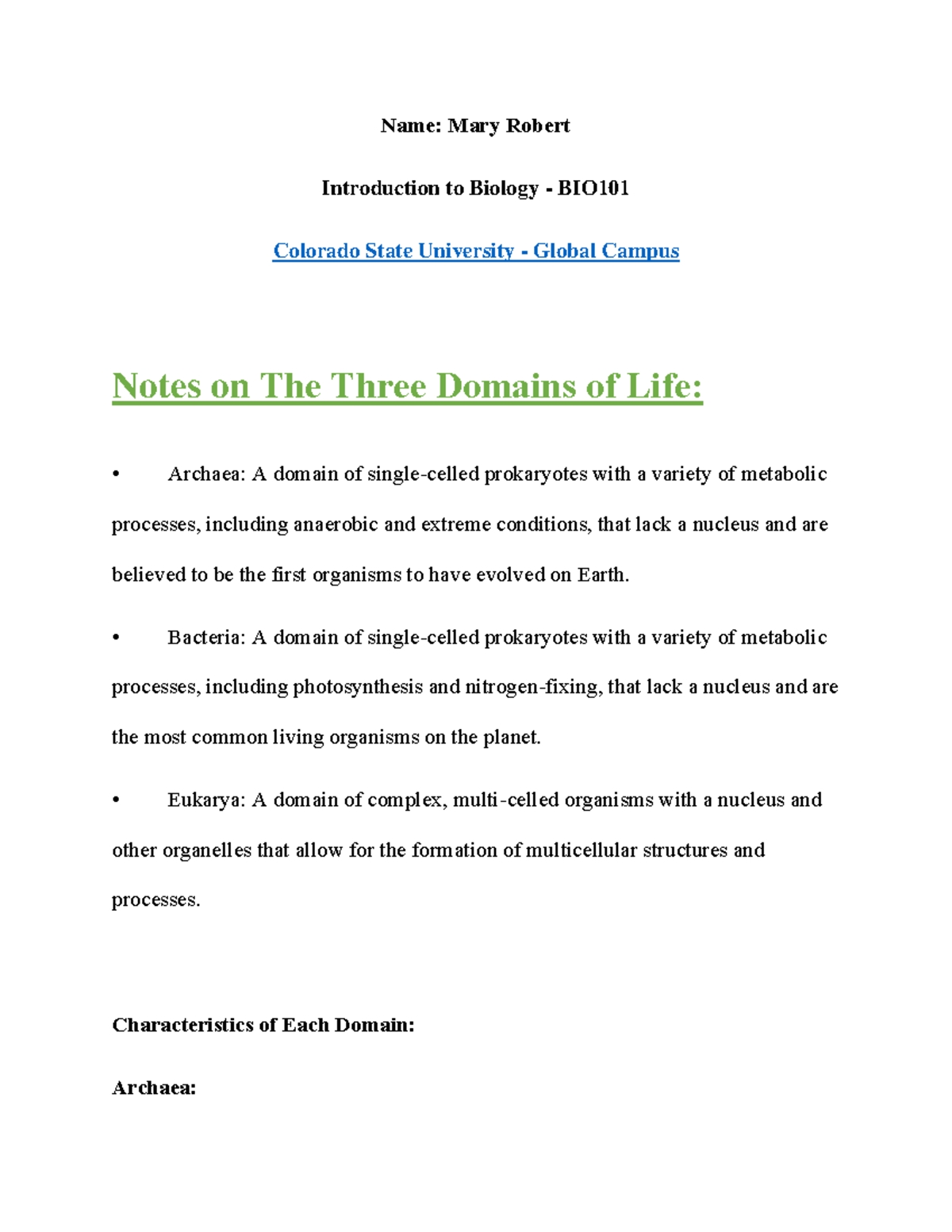 The Three Domains of Life - Namе: Mary Robert Introduction to Biology ...