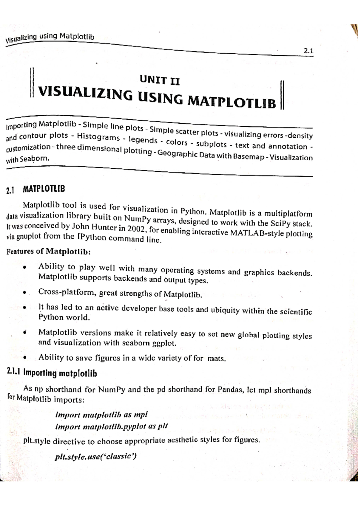 Data exploration and visualization unit 2 - visualizing using Matplotlib 2 UNIT II VISUALIZING ...