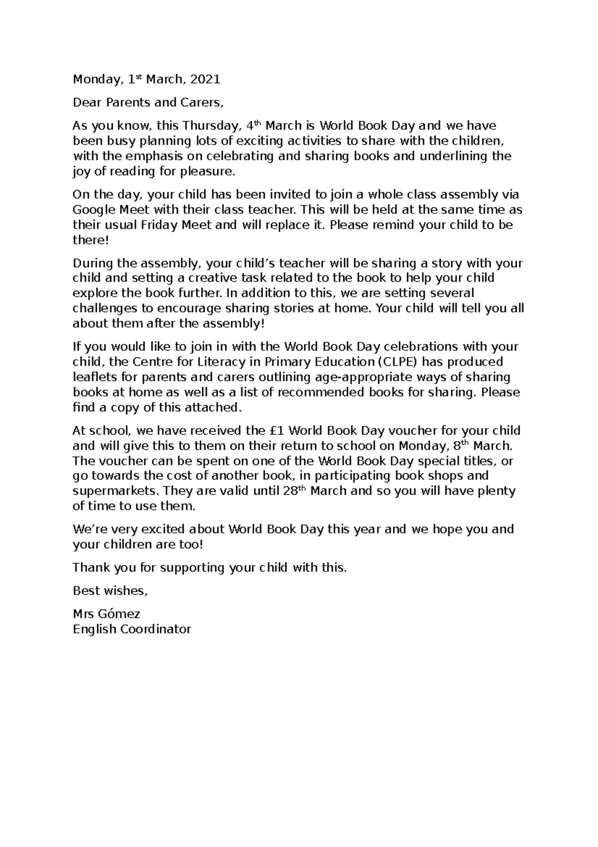 World Book Day Letter to Parents - Monday, 1st March, 2021 Dear Parents ...
