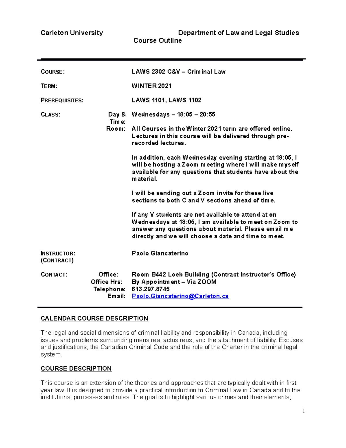 LAWS 2302 CV Course Outline Winter 2021 - Carleton University ...