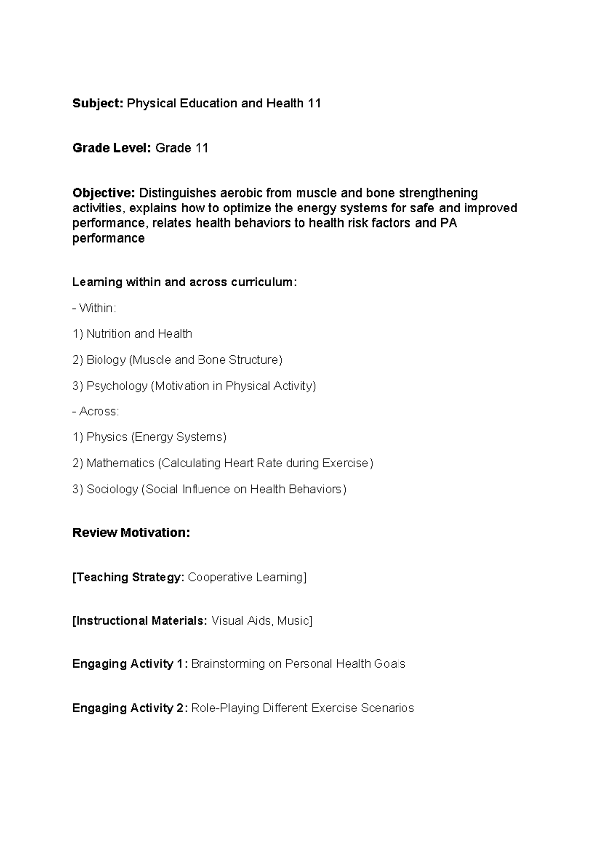 Lesson plan - physical education purposes - Subject: Physical Education ...
