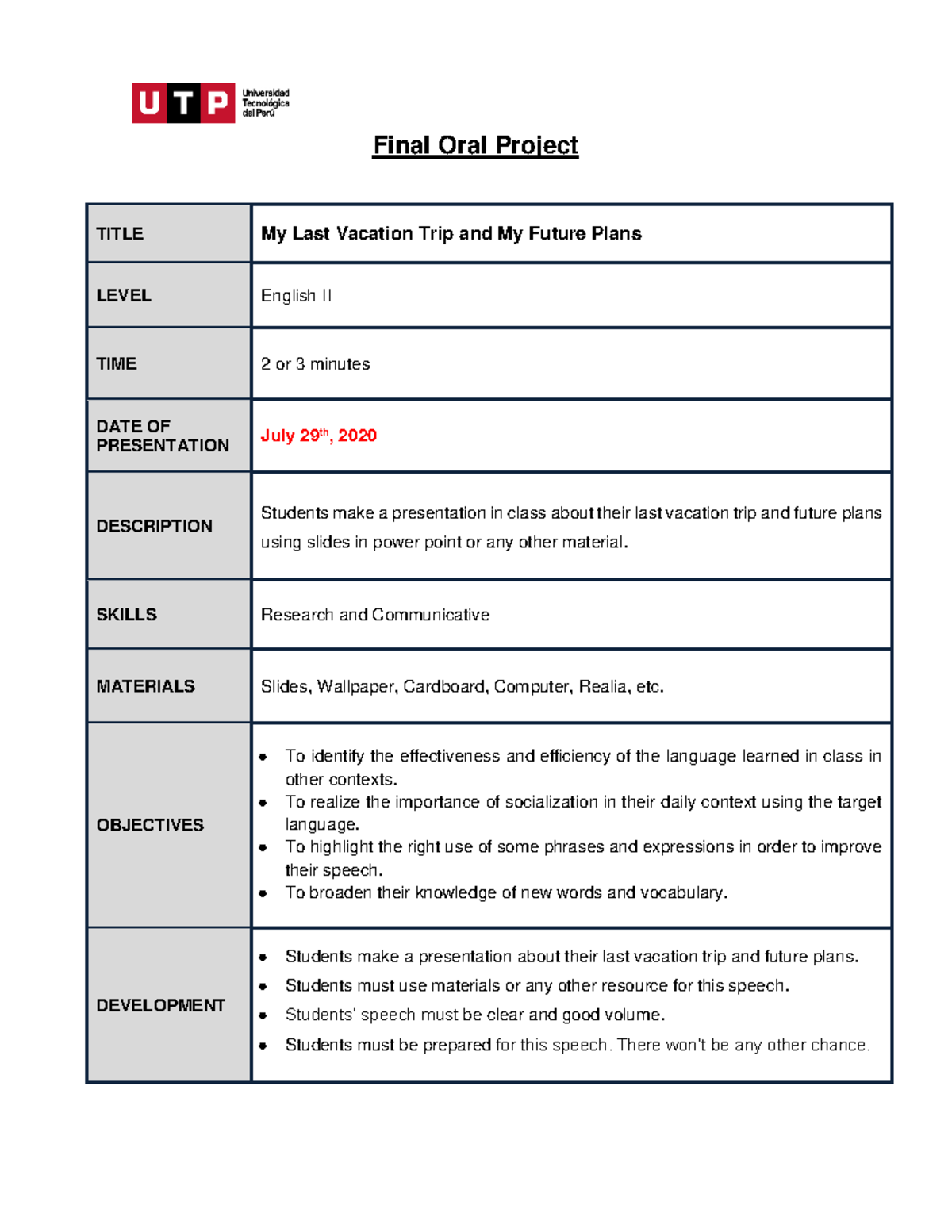 Final Oral Project - English II (24054) - Final Oral Project TITLE My Last Vacation Trip and My ...