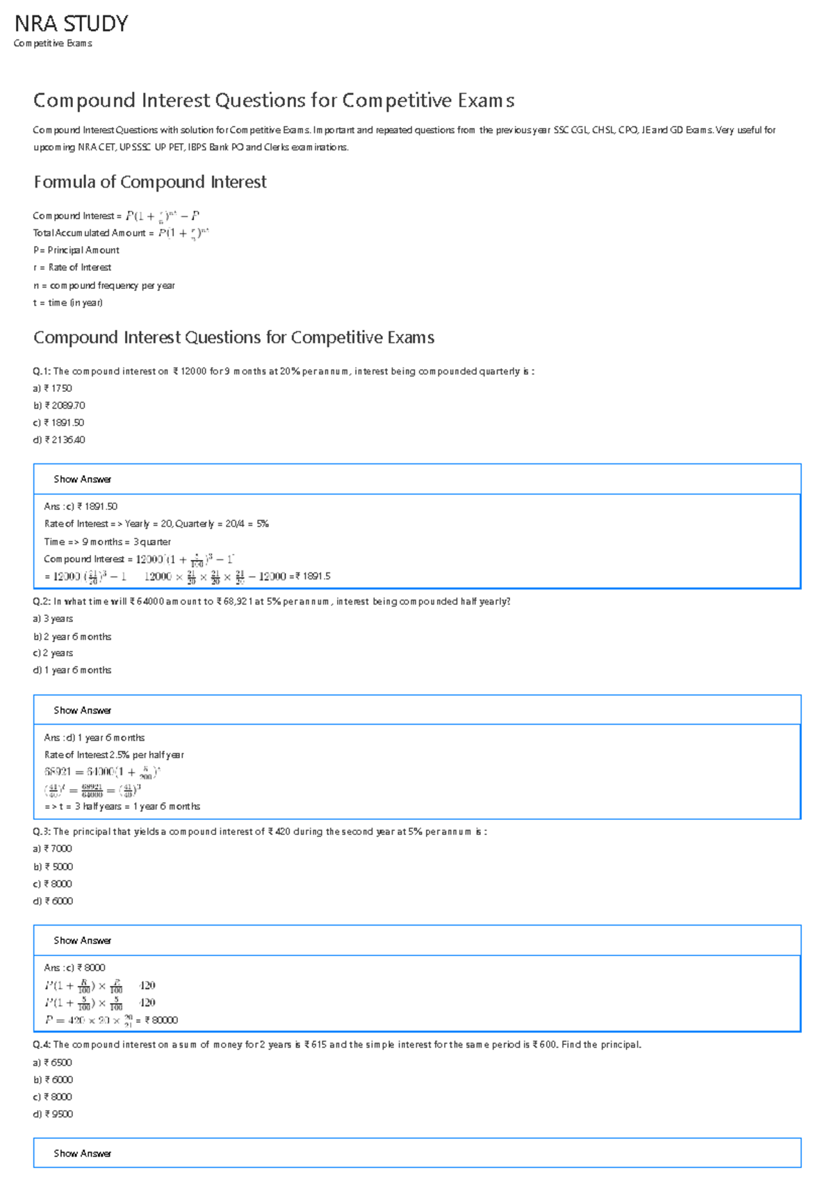Compound Interest Questions for Competitive Exams - NRA Study ...