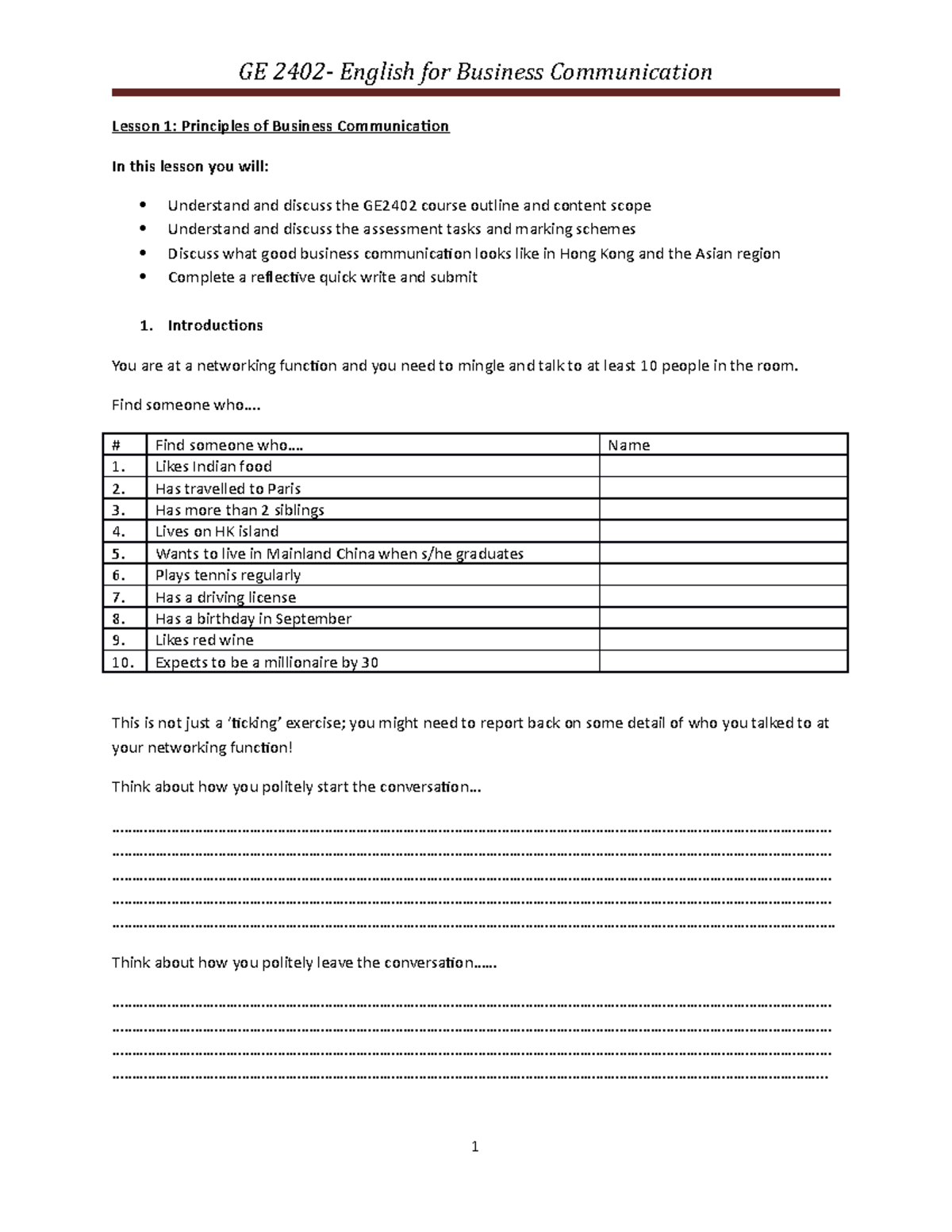 Lesson 1 student - GE English for Business Communication Lesson 1 ...