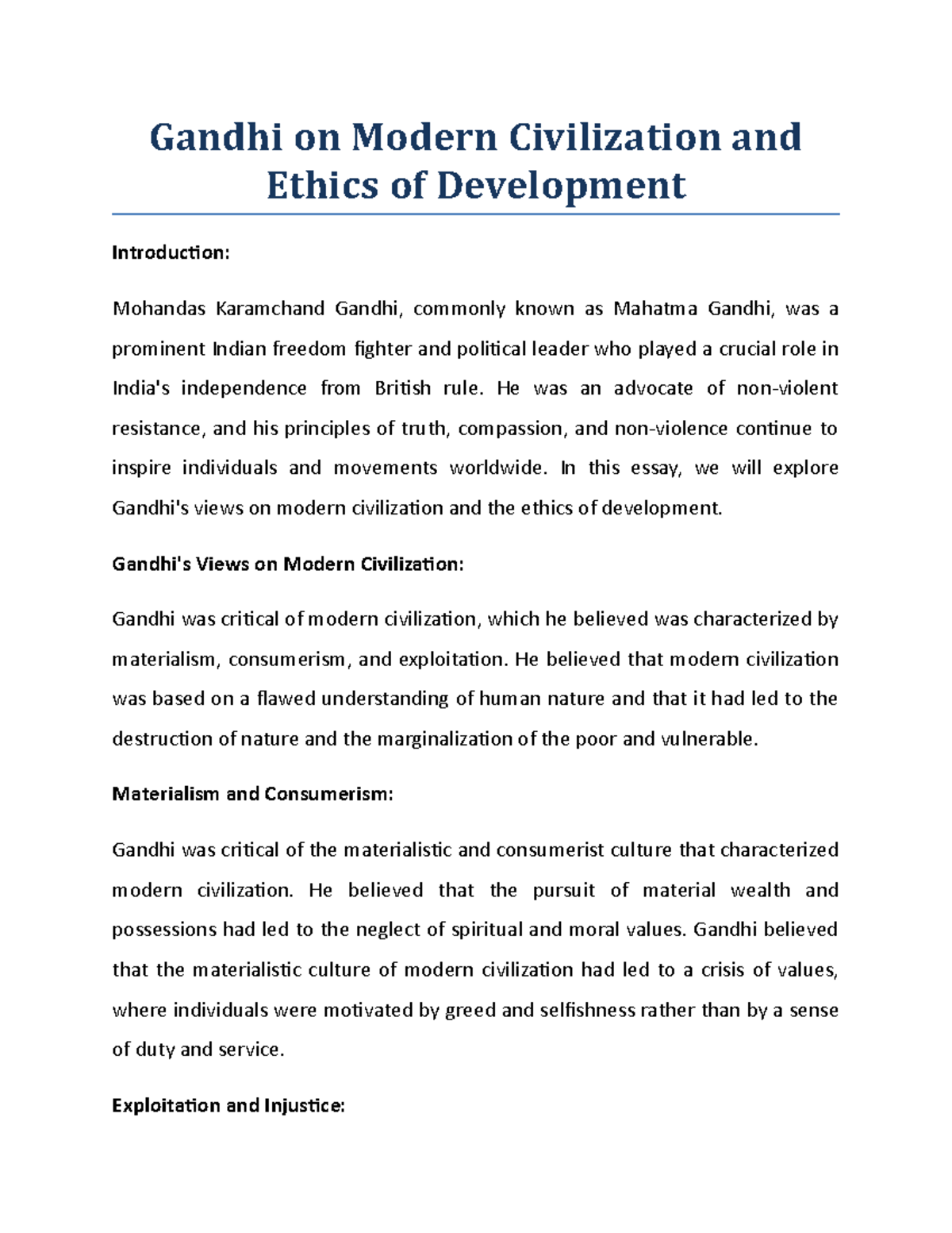 Gandhi on Modern Civilization and Ethics of Development - Gandhi on ...