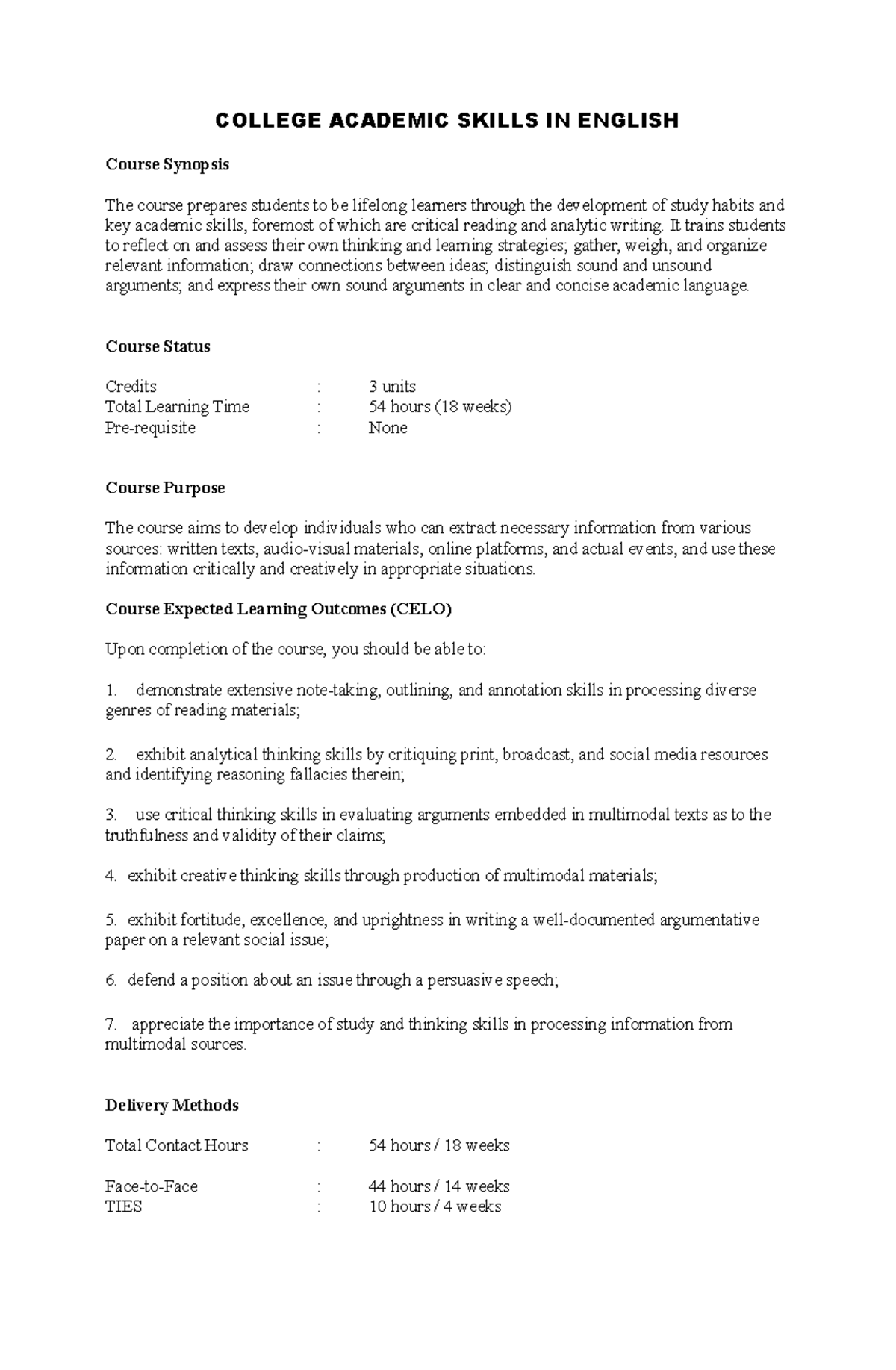 College Academic Skills IN English - COLLEGE ACADEMIC SKILLS IN ENGLISH ...